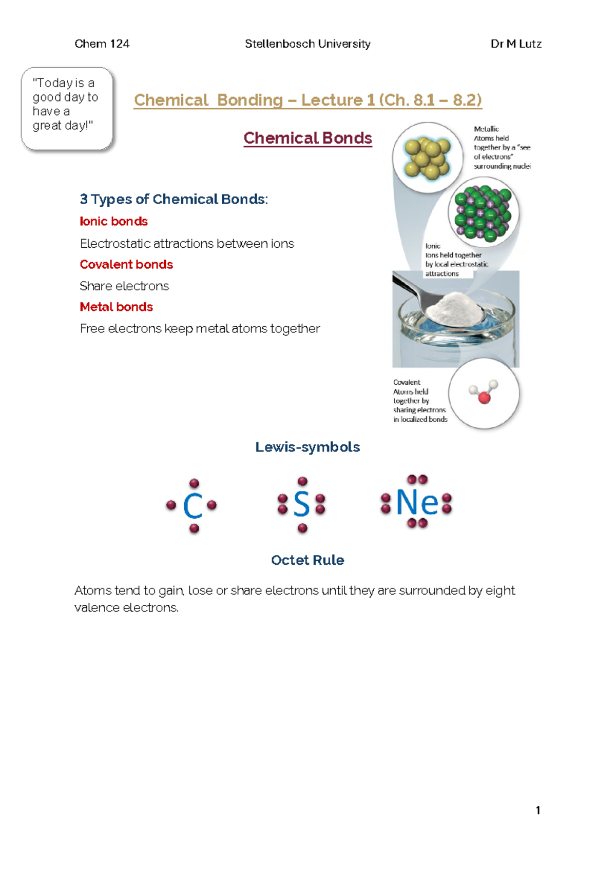 Chemical Bonding - Lecture 1 - Chemical Bonding – Lecture 1 (Ch. 8 – 8 ...