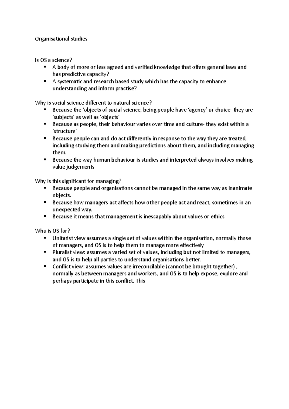 Organisational studies LECTURE NOTES - Organisational studies Is OS a ...