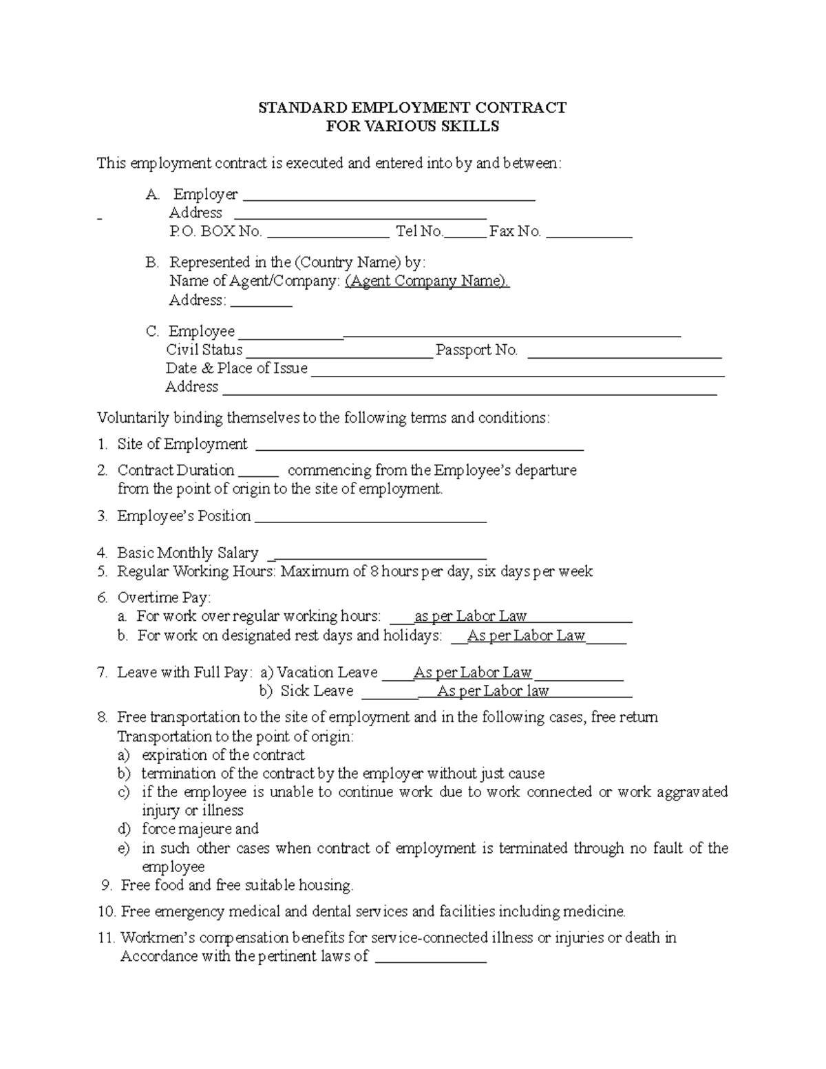 Standard Employment Contract Sample - STANDARD EMPLOYMENT CONTRACT FOR ...
