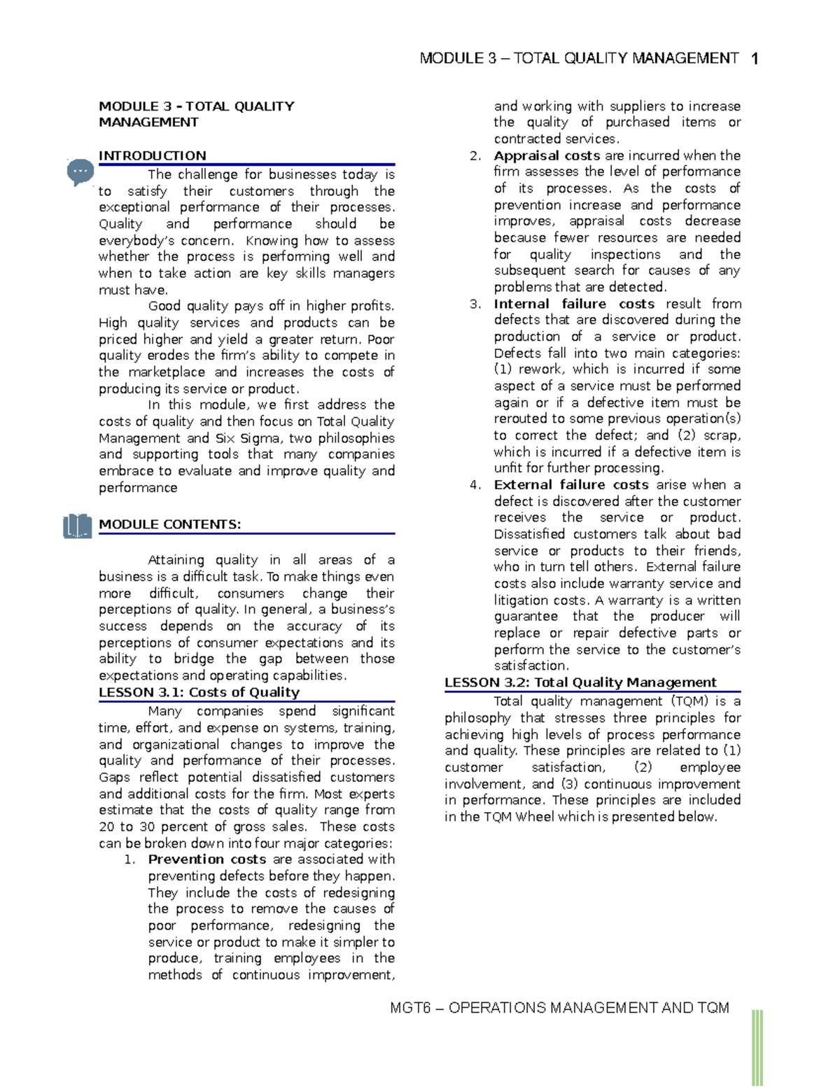 Module 3 - TQM - Lecture notes 3 - 1 MODULE 3 – TOTAL QUALITY ...