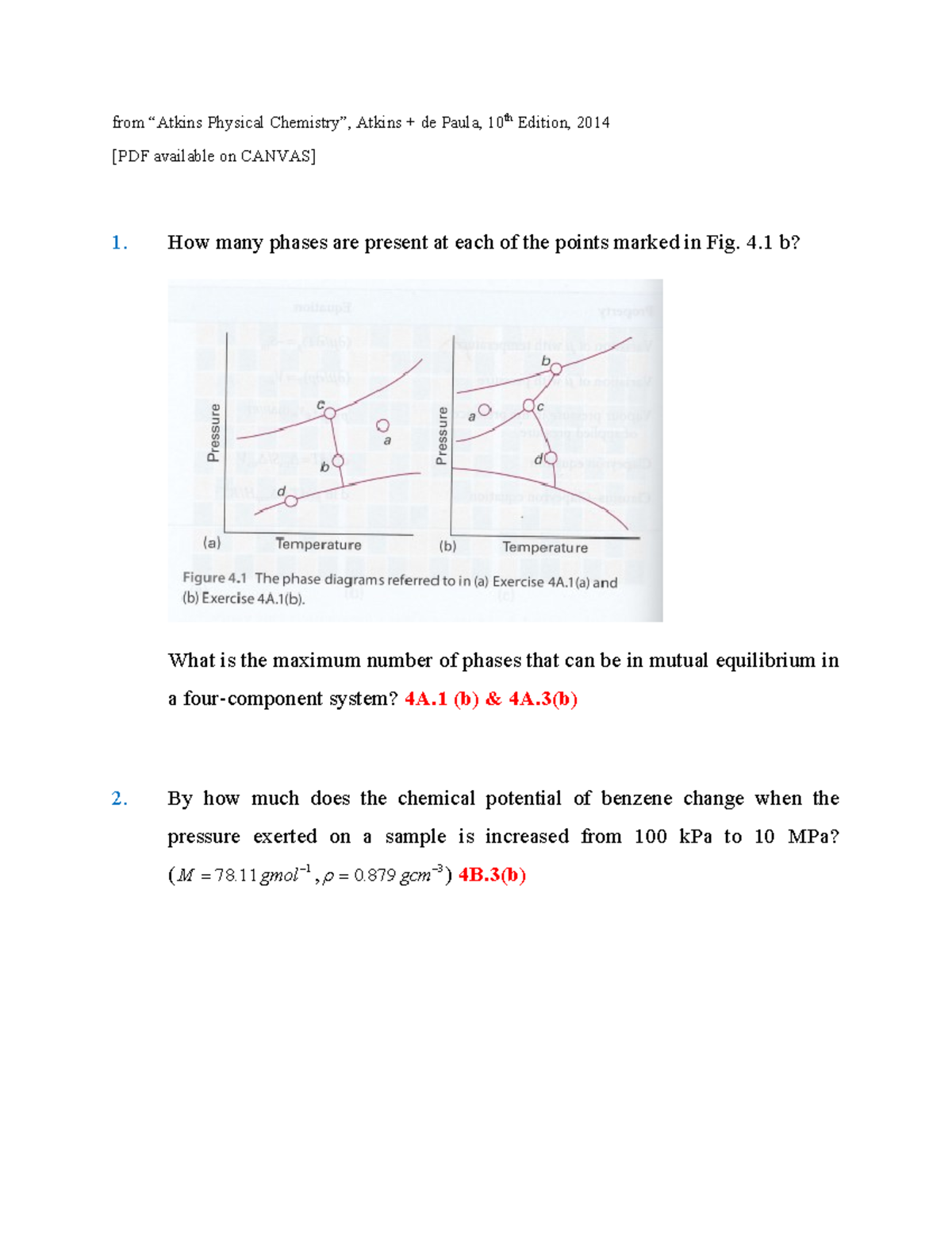 Chapter 4 assignment questions - from “Atkins Physical Chemistry”, Atkins + de Paula, 10th ...