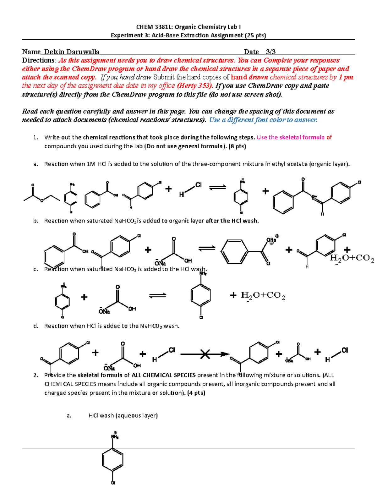 Lab 3 Acid base extraction Post Lab Assignment - CHEM 3361L: Organic Chemistry Lab I Experiment ...