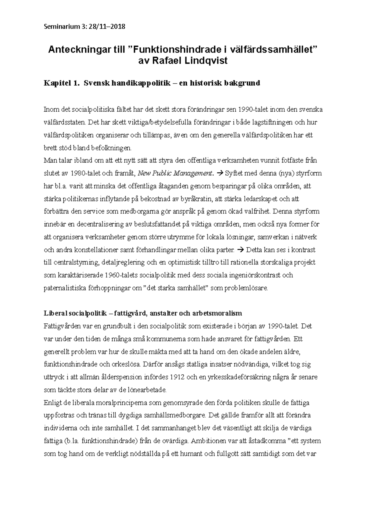 Funktionshindrade i välfärdssamhället - Seminarium 3: Anteckningar till ...