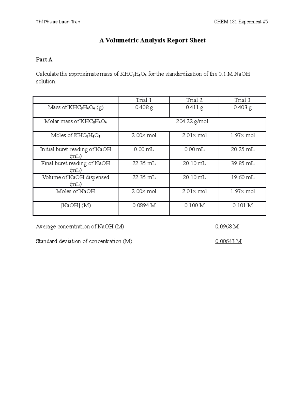 Volumetric Analysis postlab - A Volumetric Analysis Report Sheet Part A Calculate the ...