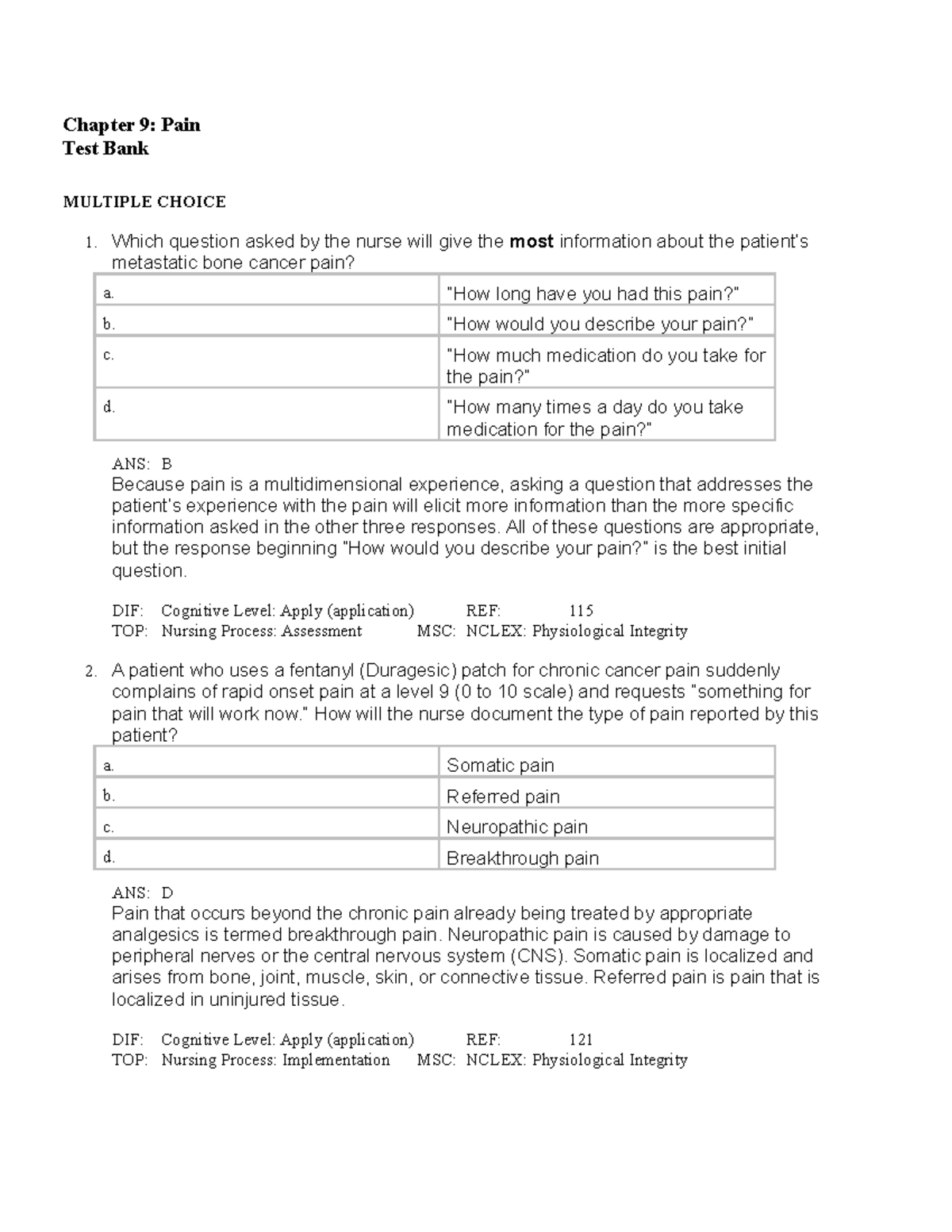 Pain - lecture notes - Chapter 9: Pain Test Bank MULTIPLE CHOICE 1 ...
