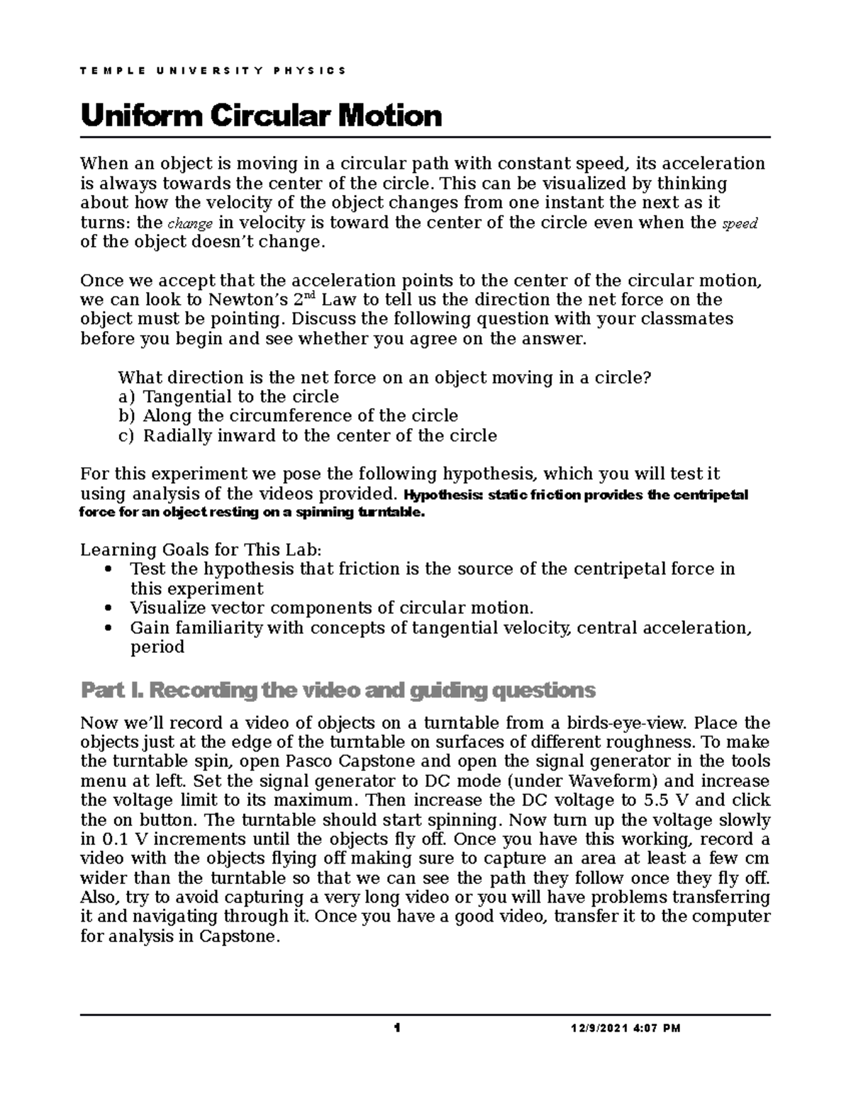 Uniform circular motion - T E M P L E U N I V E R S I T Y P H Y S I C S ...