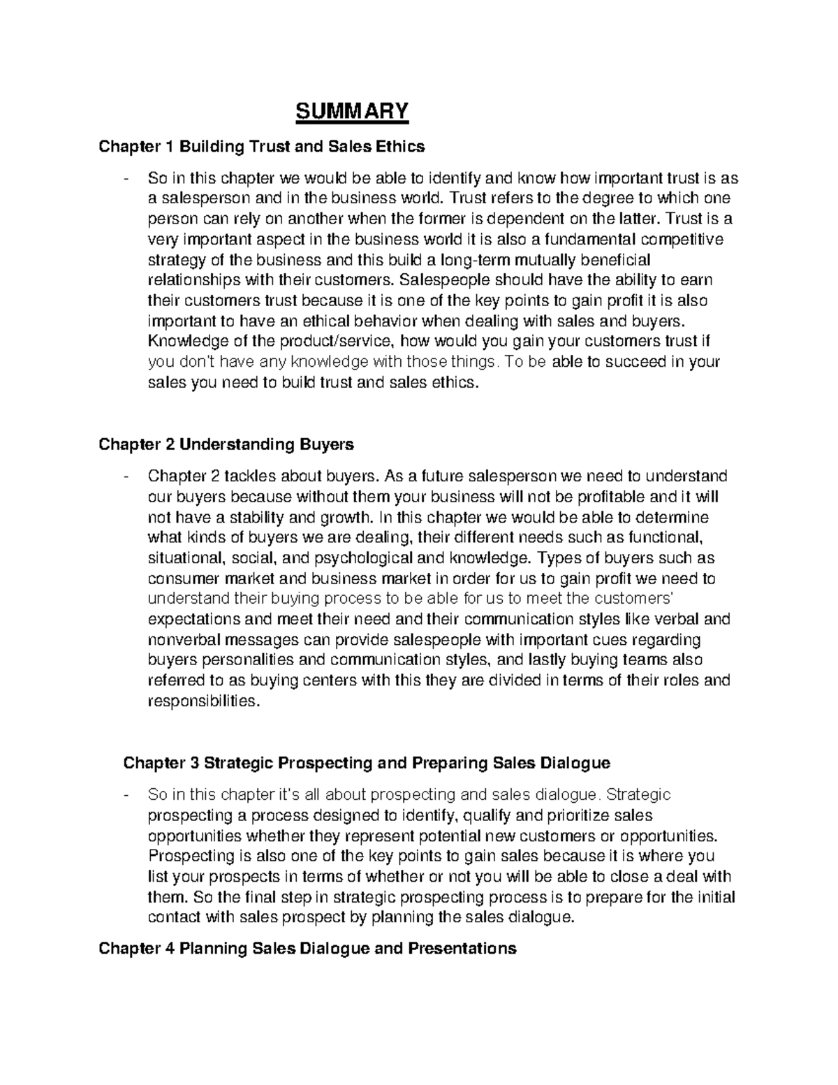 Summary-Selling - Summary of Selling - SUMMARY Chapter 1 Building Trust ...