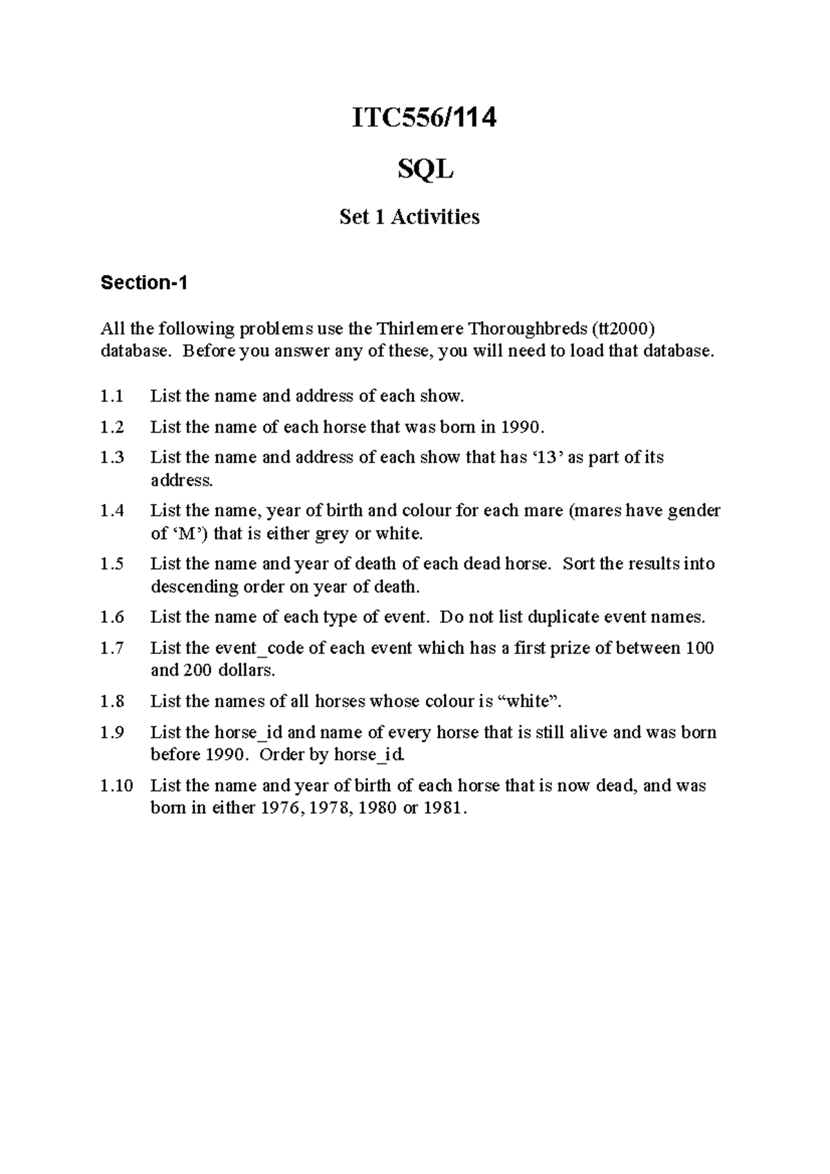 SQL activities-section 1 - ITC556/ SQL Set 1 Activities Section- All ...