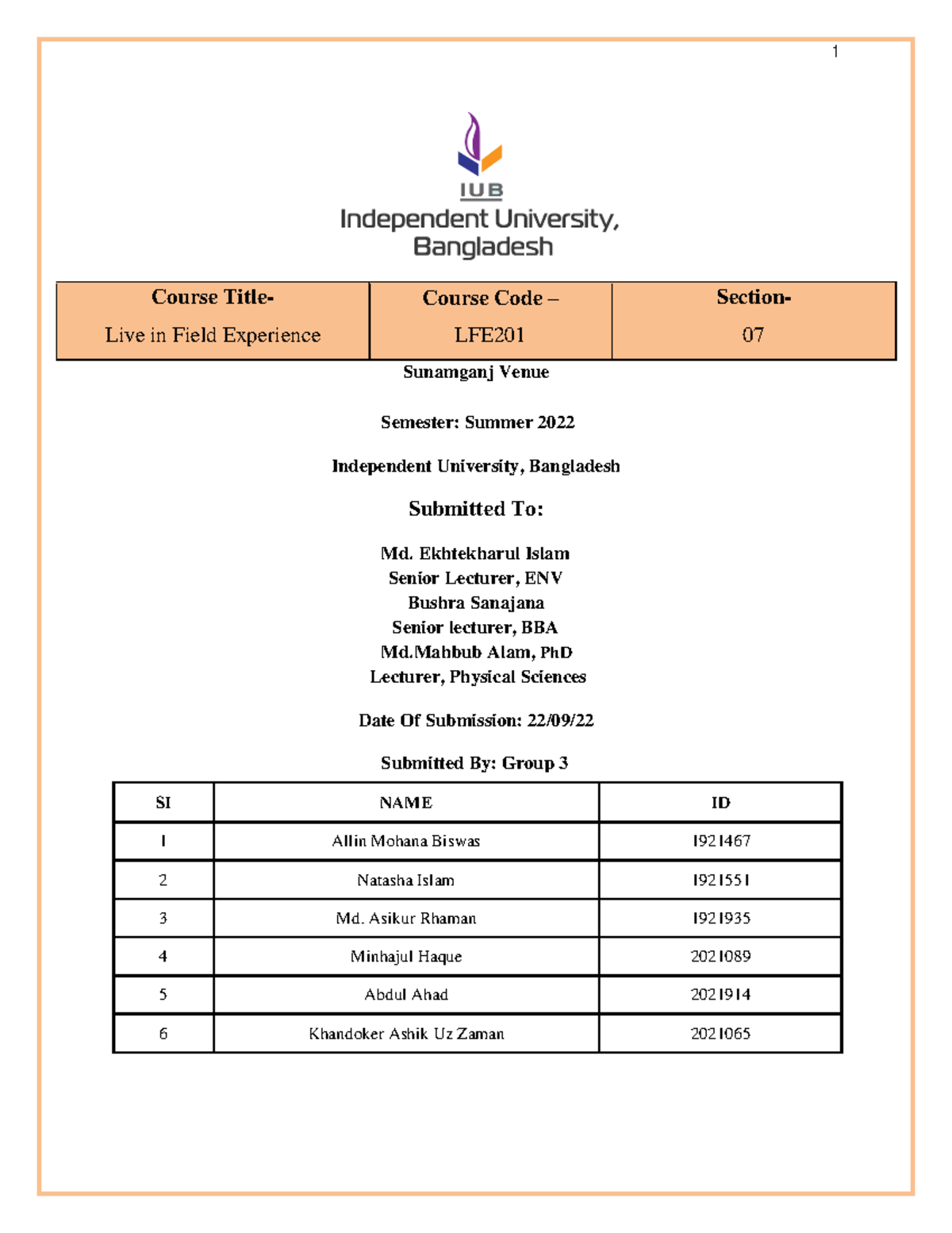 LFE Report Group 3 Section 07 - Course Title- Live in Field Experience Course Code – LFE Section ...