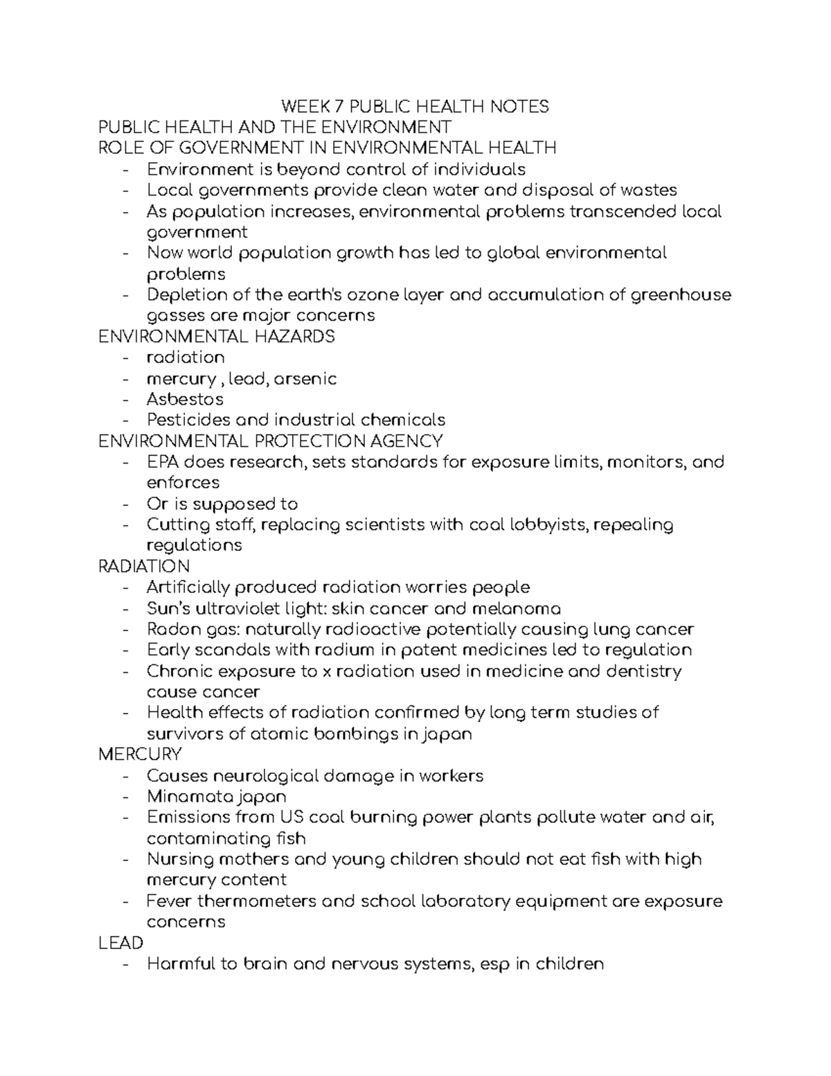 WEEK 7 Public Health Notes - WEEK 7 PUBLIC HEALTH NOTES PUBLIC HEALTH ...