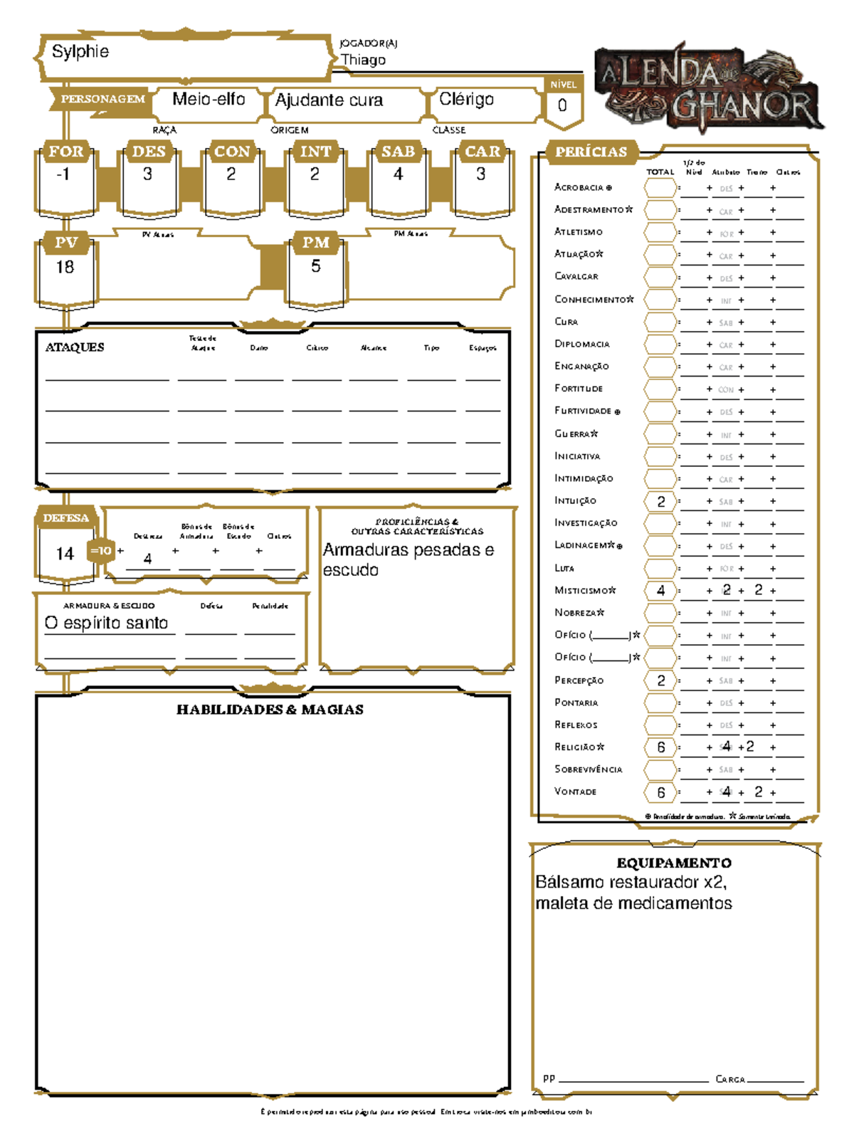 Ghanor Rpg - Ficha Editável cópia - = Destreza ArmaduraBônus de Bônus ...