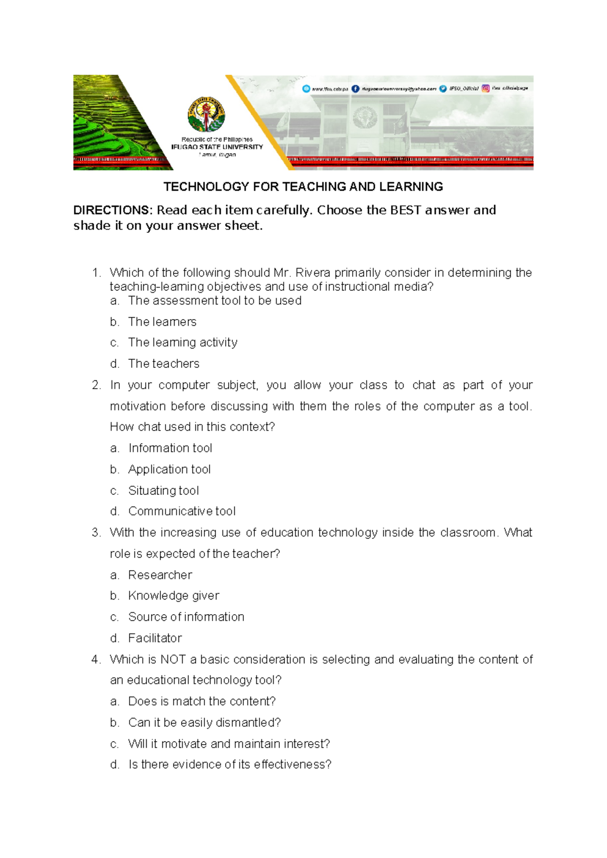 Technology for teaching and learning questionaires - TECHNOLOGY FOR ...