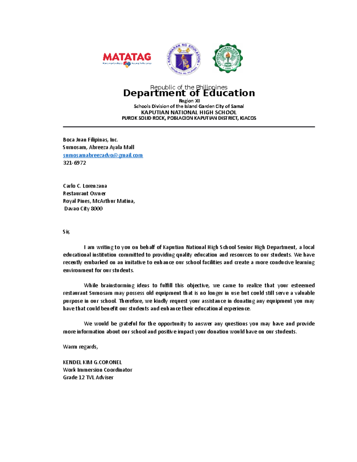 Letter for donation - quotation - Republic of the Philippines ...
