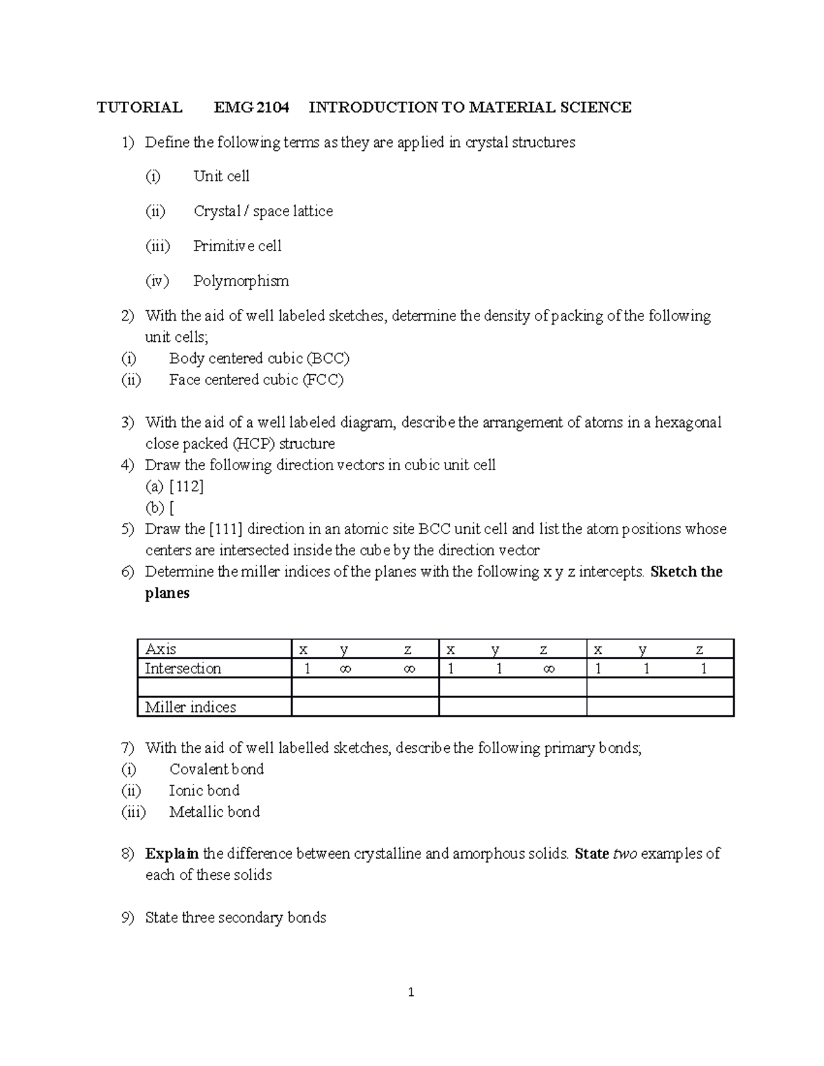 Tutorial EME 2103 - TUTORIAL EMG 2104 INTRODUCTION TO MATERIAL SCIENCE ...