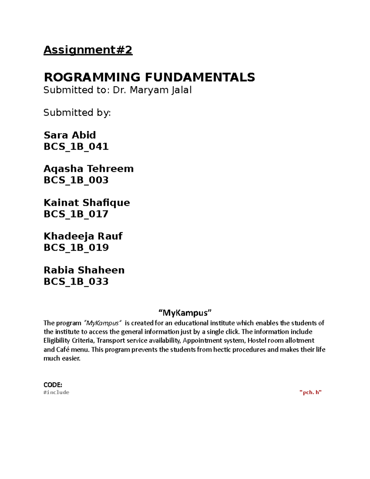 My Kampus - Assignment# ROGRAMMING FUNDAMENTALS Submitted to: Dr ...