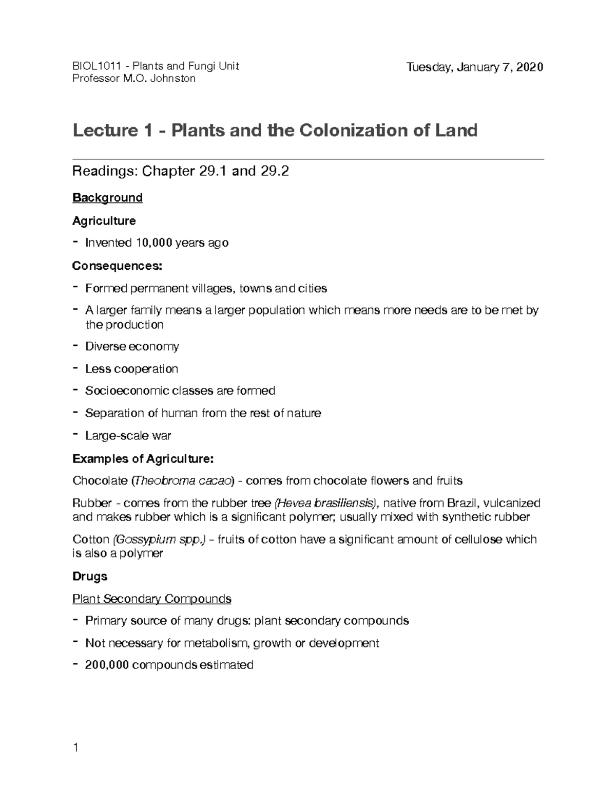 Lecture 1 - Plants and the Colonization of Land - Professor M. Johnston ...