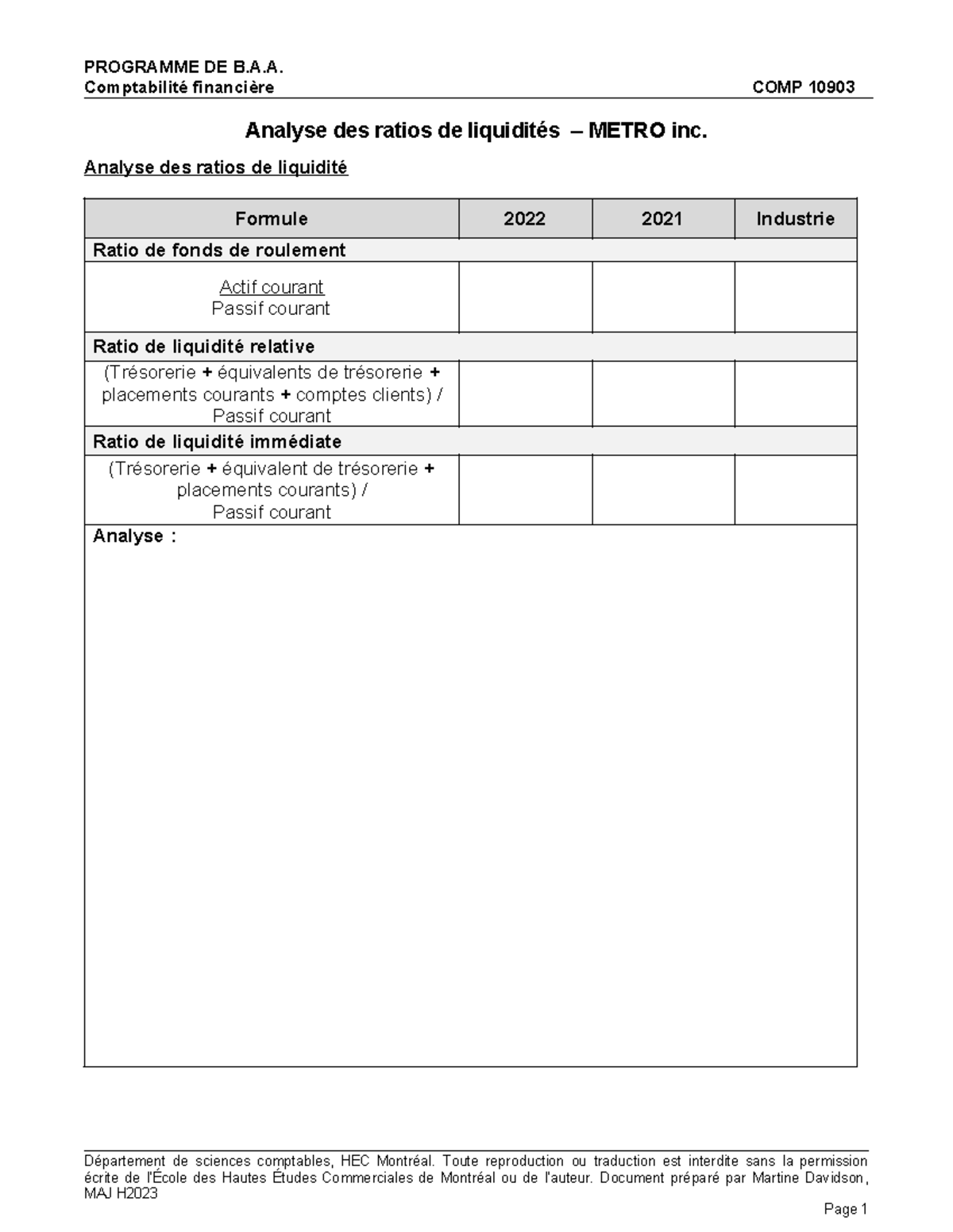 10903 Metro Analyse ratios de liquidité et de financement A2023 ... 10903 Metro Analyse ratios de liquidité et de financement A2023 ...