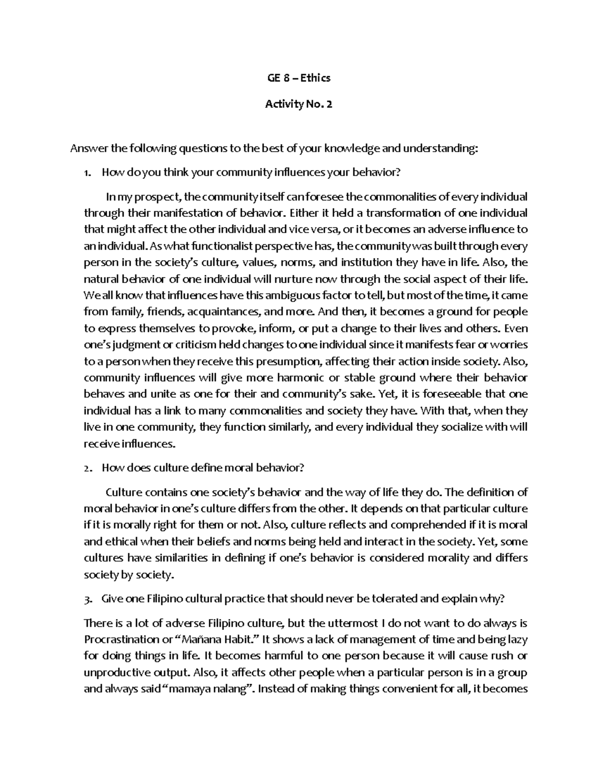 Ethics Activity 2; Molina Ricardo - GE 8 – Ethics Activity No. 2 Answer ...