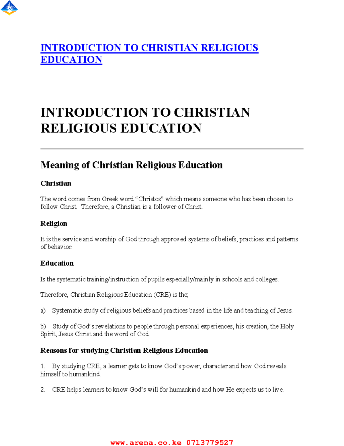 CRE Notes F1 - INTRODUCTION TO CHRISTIAN RELIGIOUS EDUCATION ...