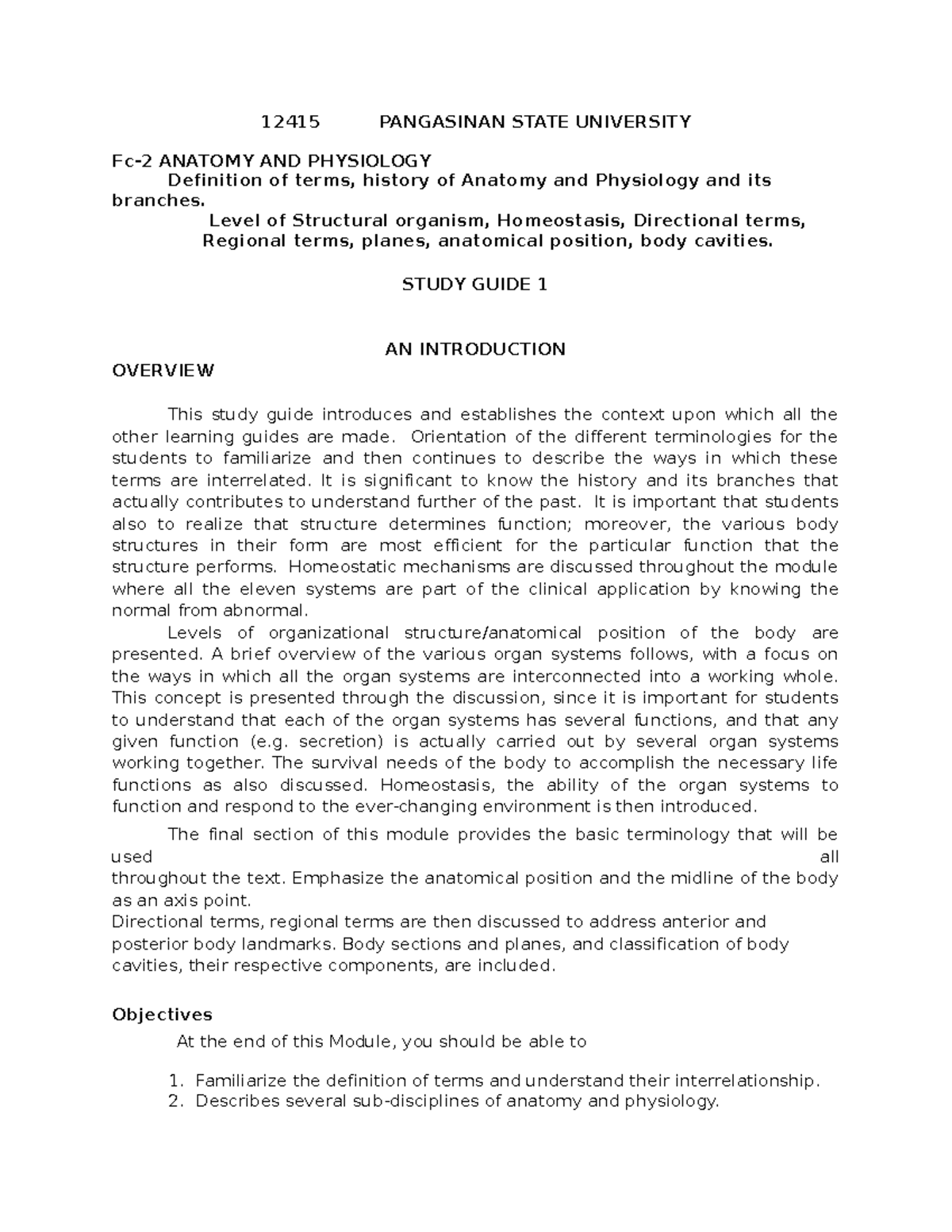 ANA study guide 1 - 546564 - 12415 PANGASINAN STATE UNIVERSITY Fc-2 ...