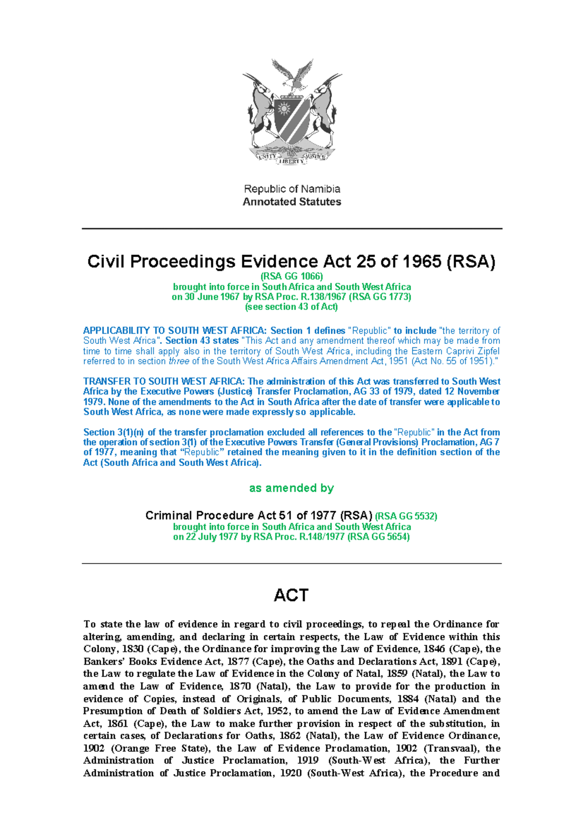 Civil Proceedings Evidence Act 25 of 1965c - R/1967 (RSA GG 1773) (see ...