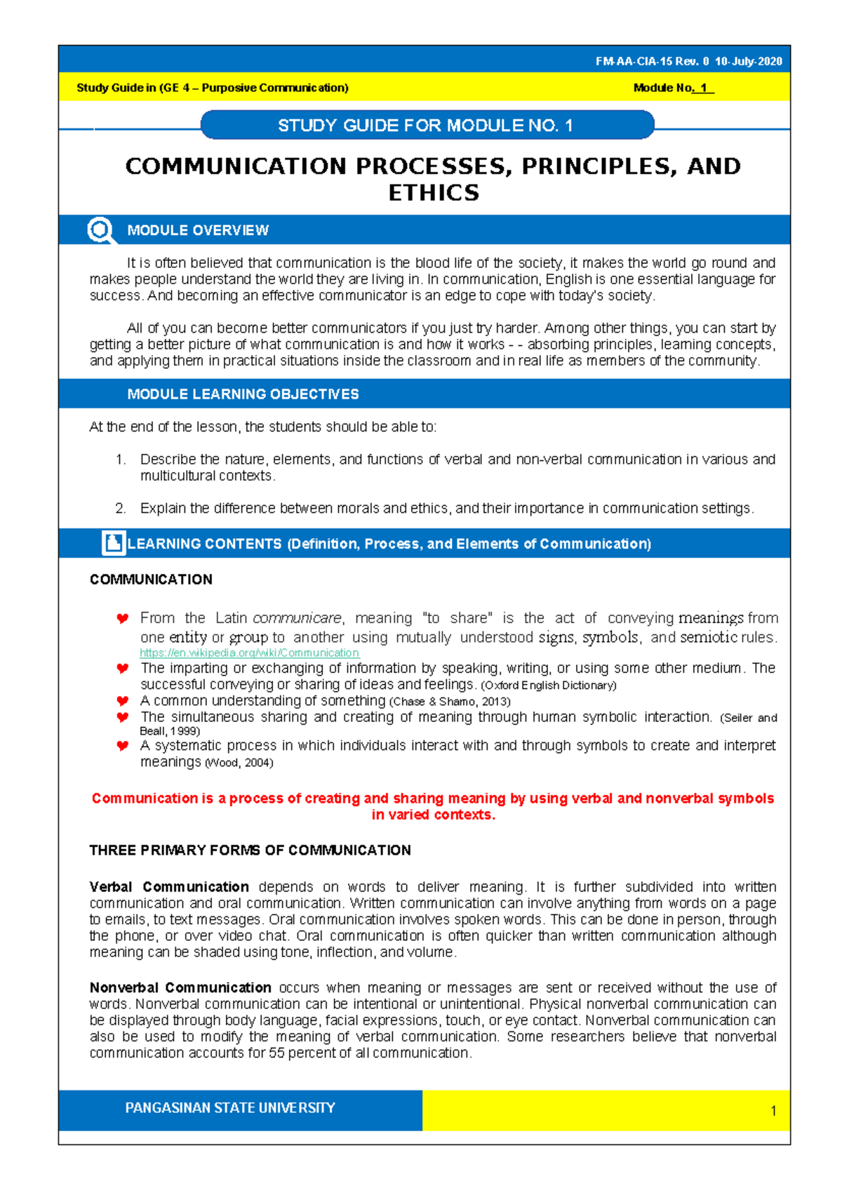 Study Guide 1 GE 4 - Lecture - STUDY GUIDE FOR MODULE NO. 1 PANGASINAN STATE UNIVERSITY Study ...