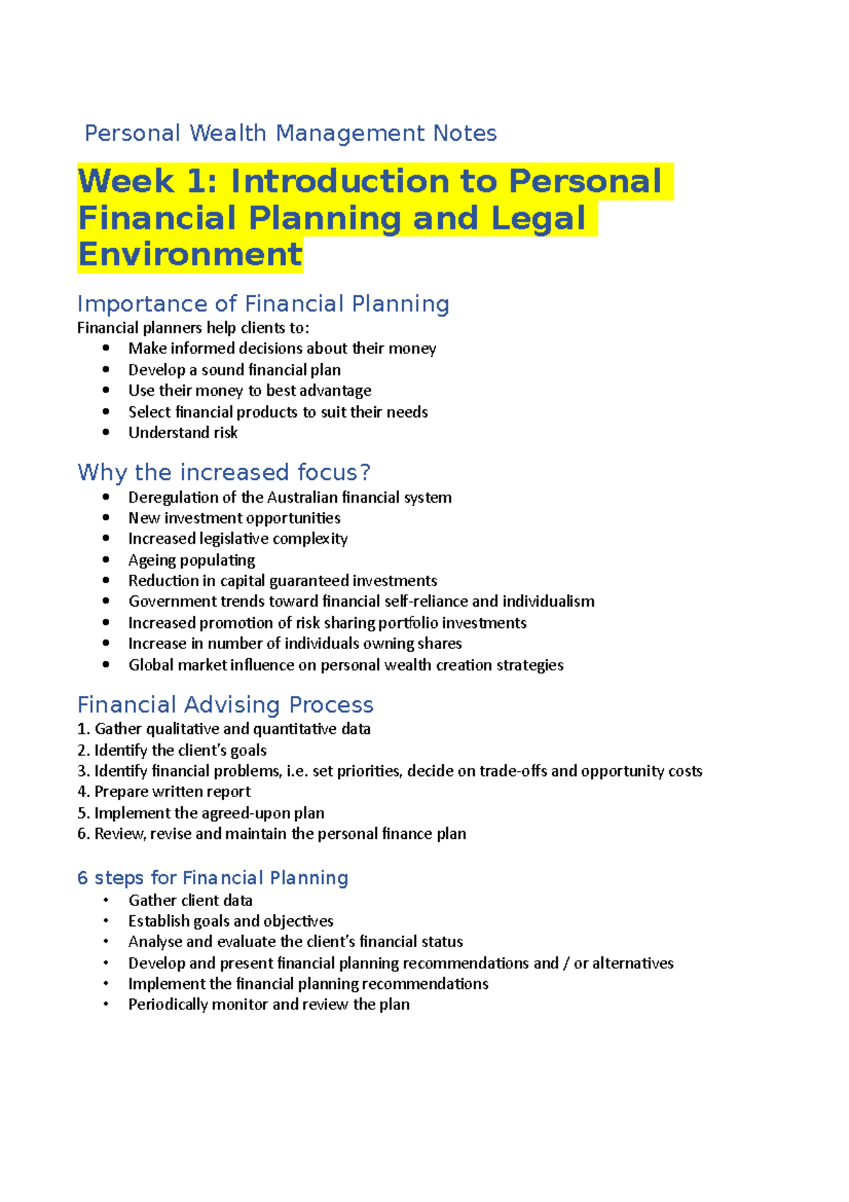PWM Notes - Personal Wealth Management Notes Week 1: Introduction to ...