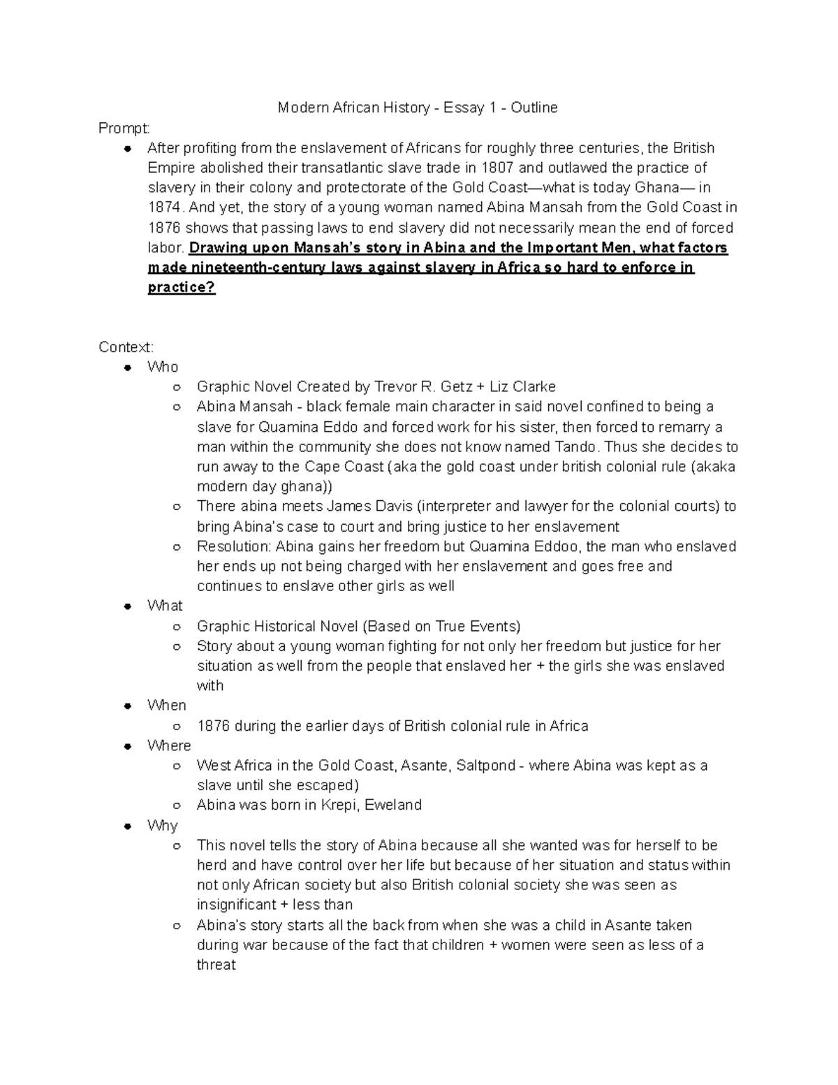 Modern African History Essay 1 Outline - Modern African History - Essay ...