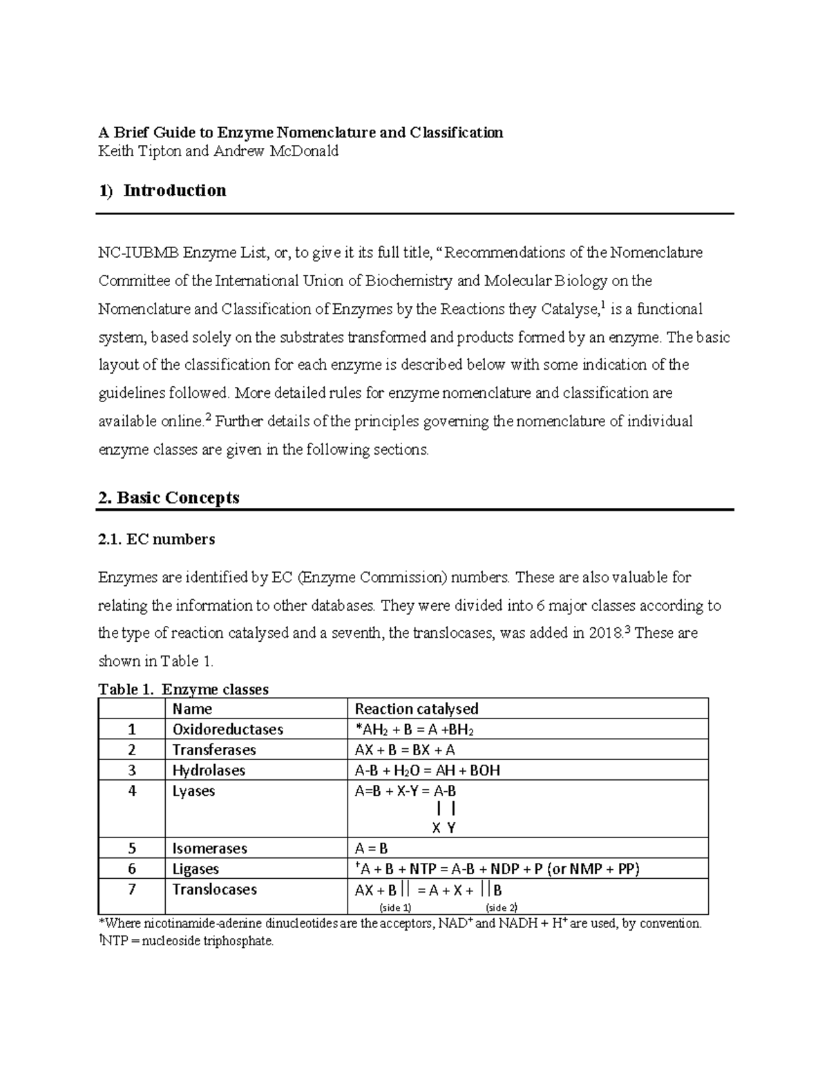 A Brief Guide to Enzyme Classification and Nomenclature rev - A Brief ...