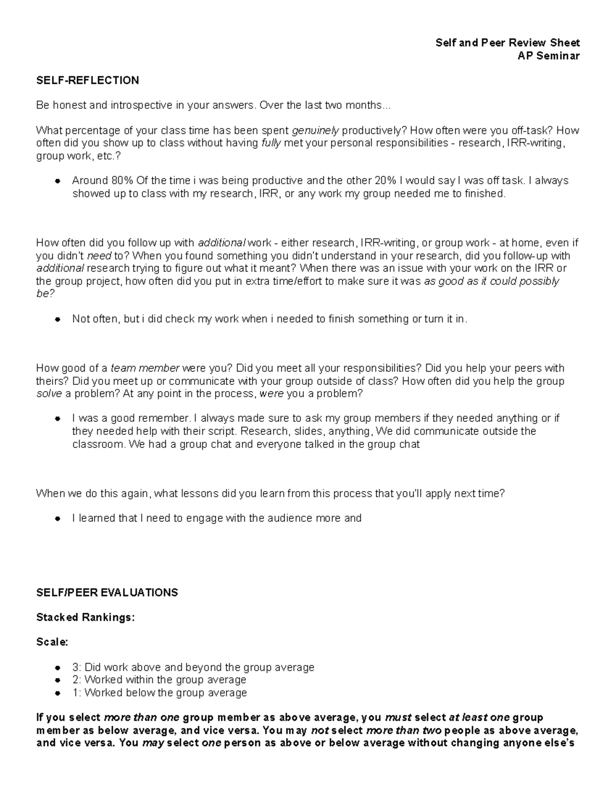 Copy of Peer Review Sheet - Self and Peer Review Sheet AP Seminar SELF ...