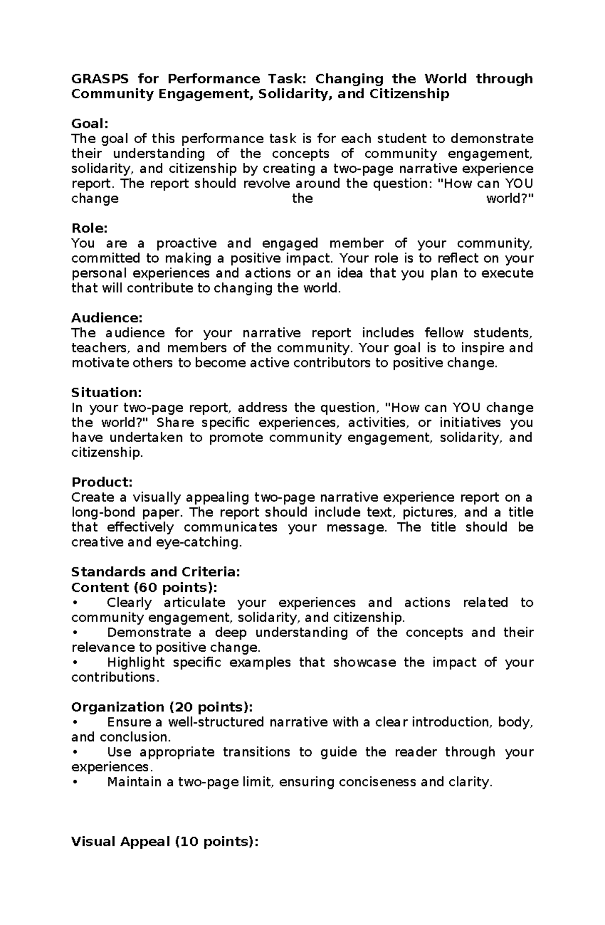 Graspscesc PT Q1 - GRASPS for Performance Task: Changing the World ...