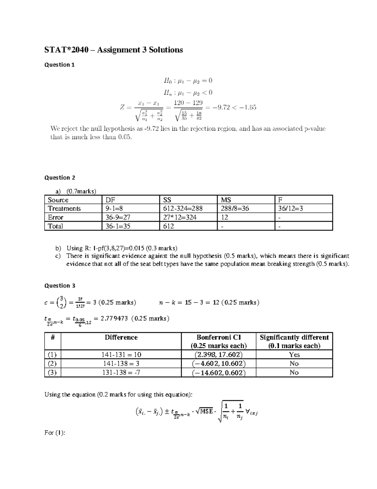 STAT2040 DE Assignment 3 Solutions - STAT*2040 – Assignment 3 Solutions ...