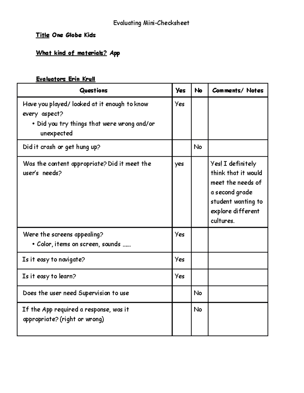 Mini Check List one globe kids - Evaluating Mini-Checksheet Title One ...
