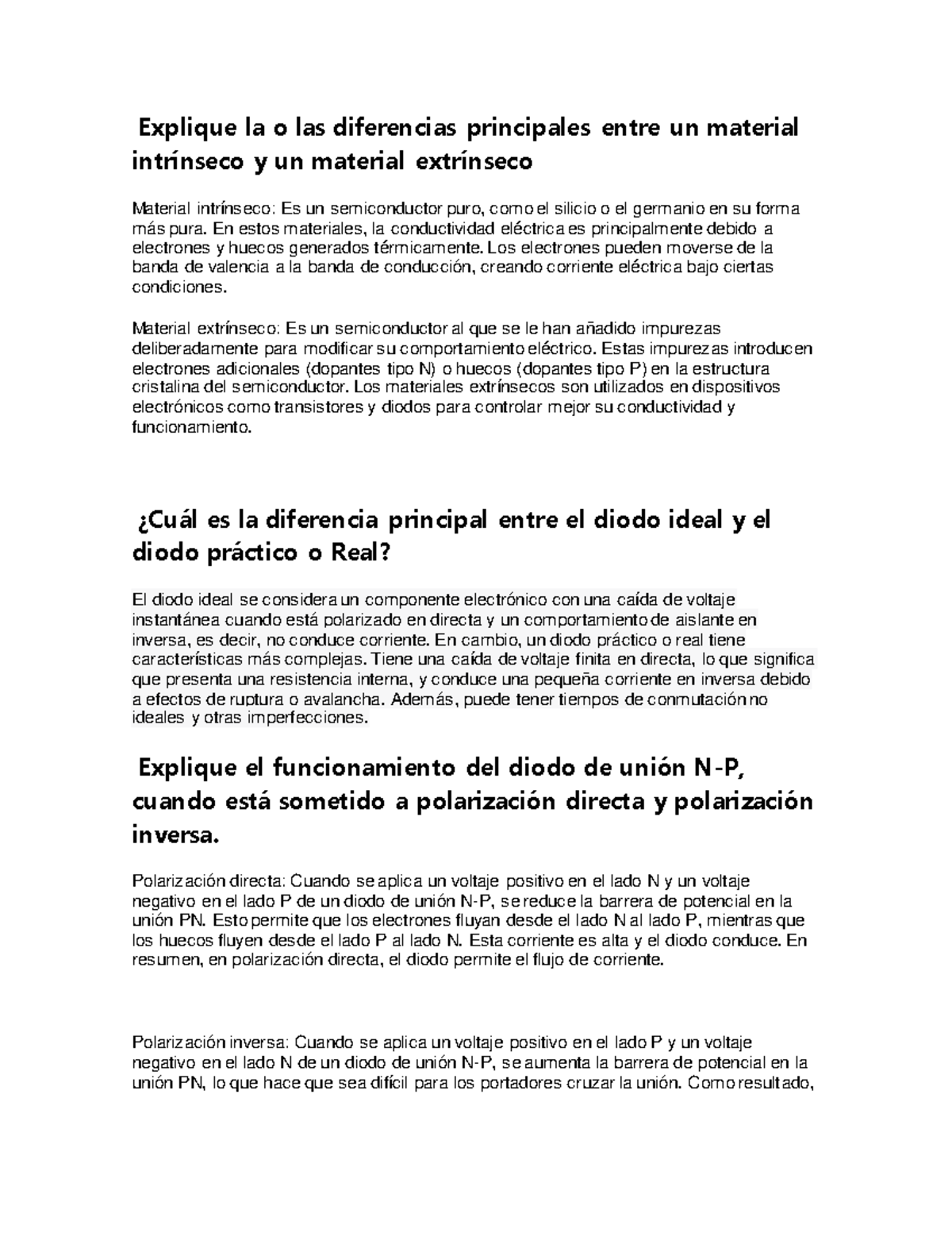 Cuestionario Diodos - Explique la o las diferencias principales entre ...