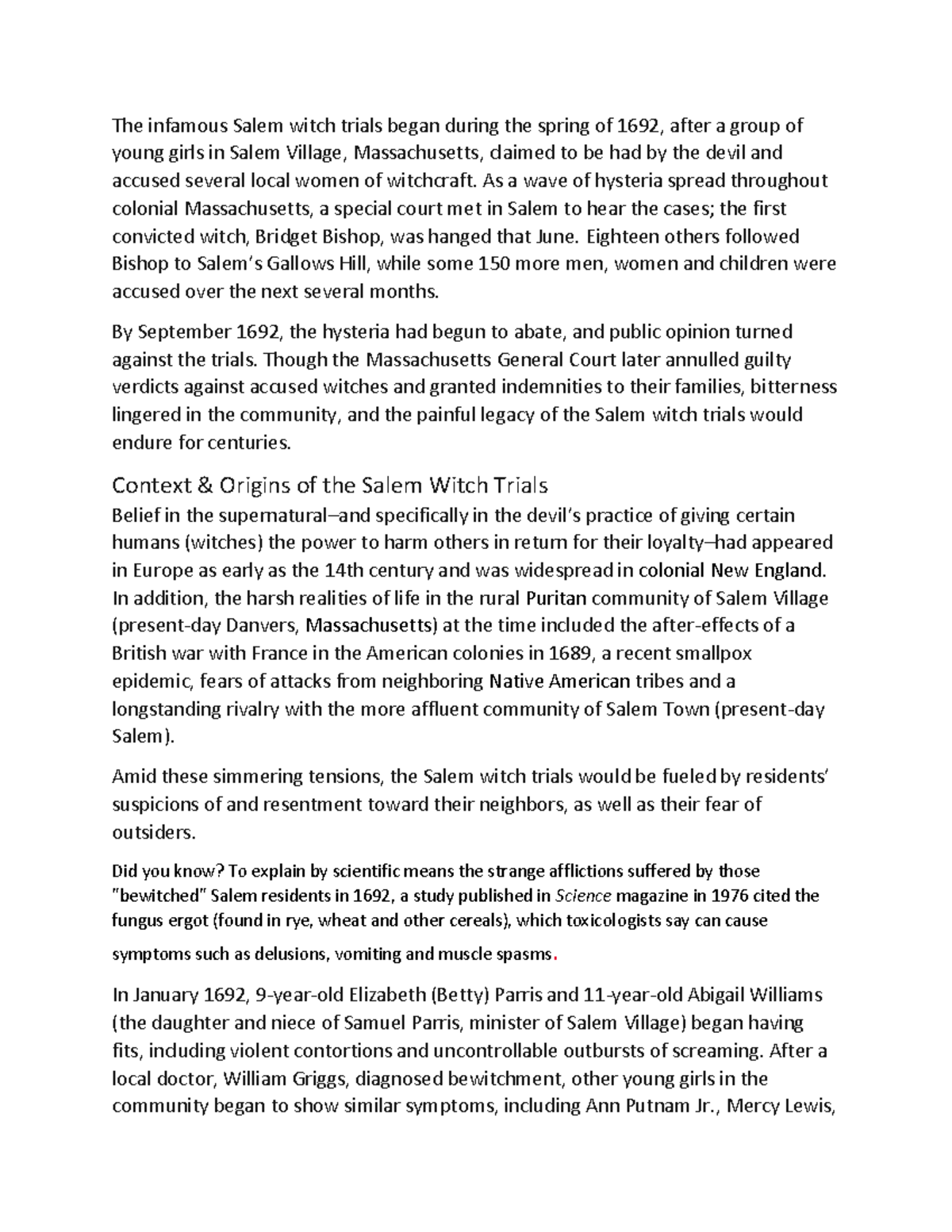 Salem Witch Trials - Notes - The infamous Salem witch trials began ...