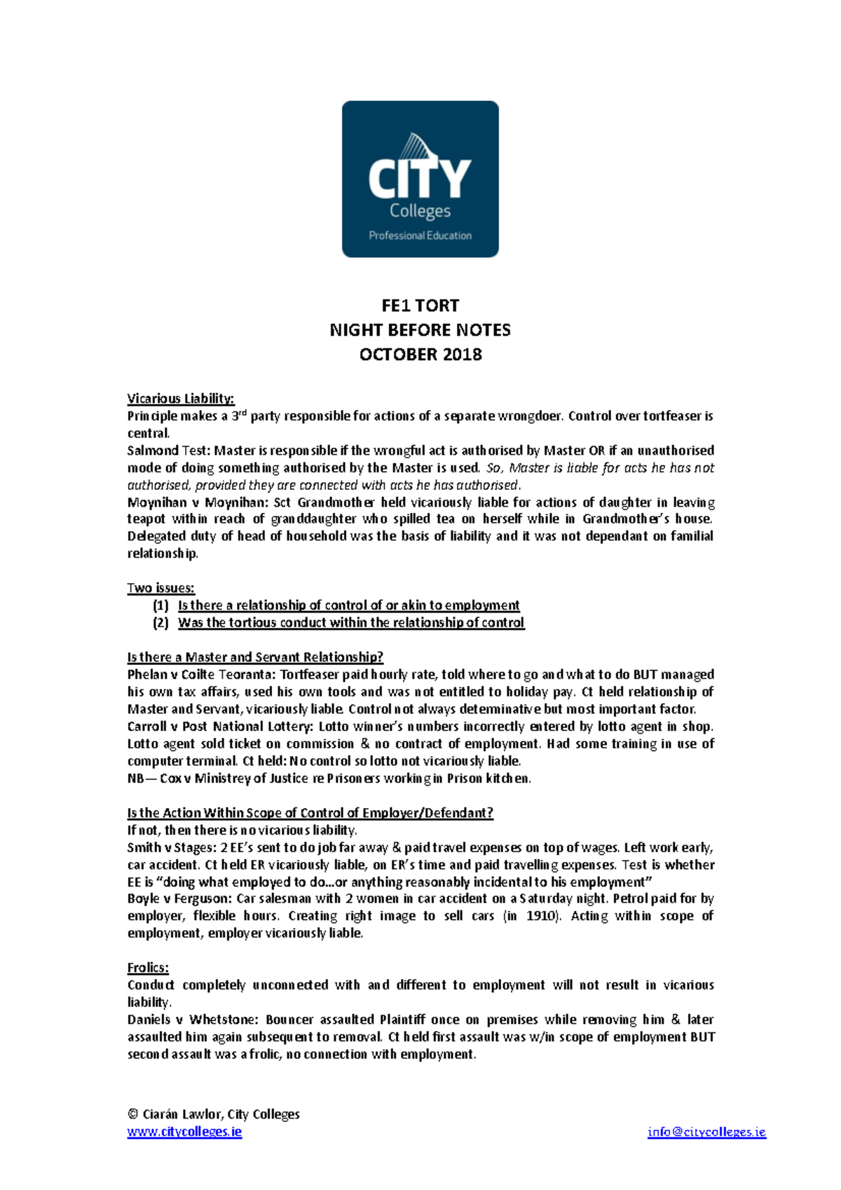 Tort Night Before Notes October 2018 1 - © Ciarán Lawlor, City Colleges ...