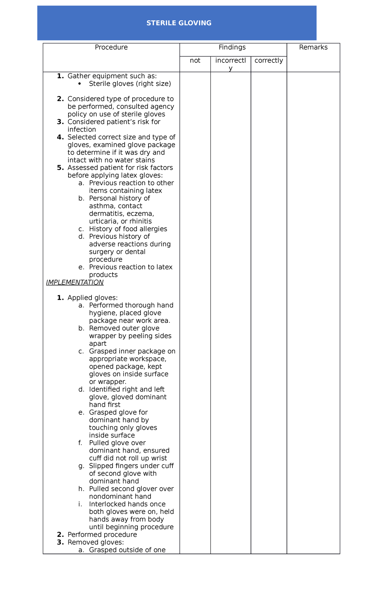 Sterile Gloving-Checklist Sterile Gloving-Checklist - Procedure ...