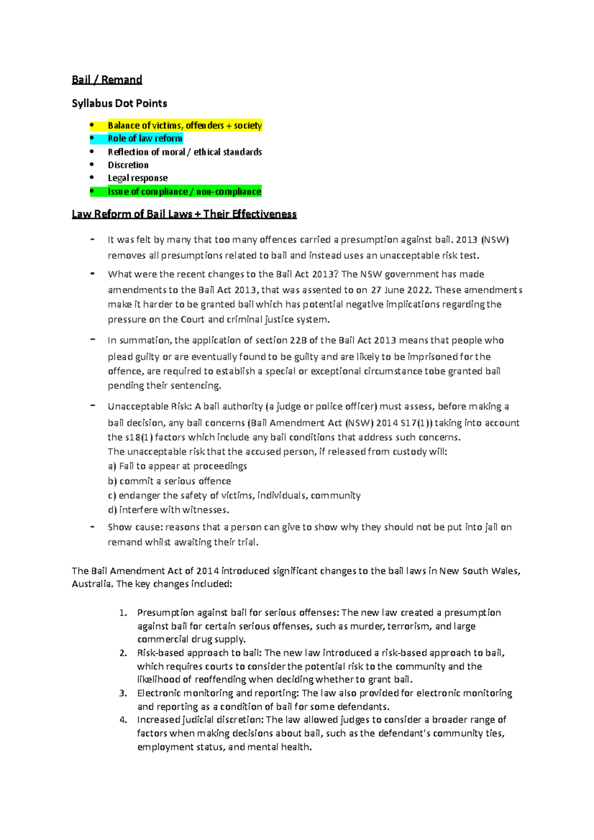 Bail + Remand - sasdjbasd - Bail / Remand Syllabus Dot Points Balance ...