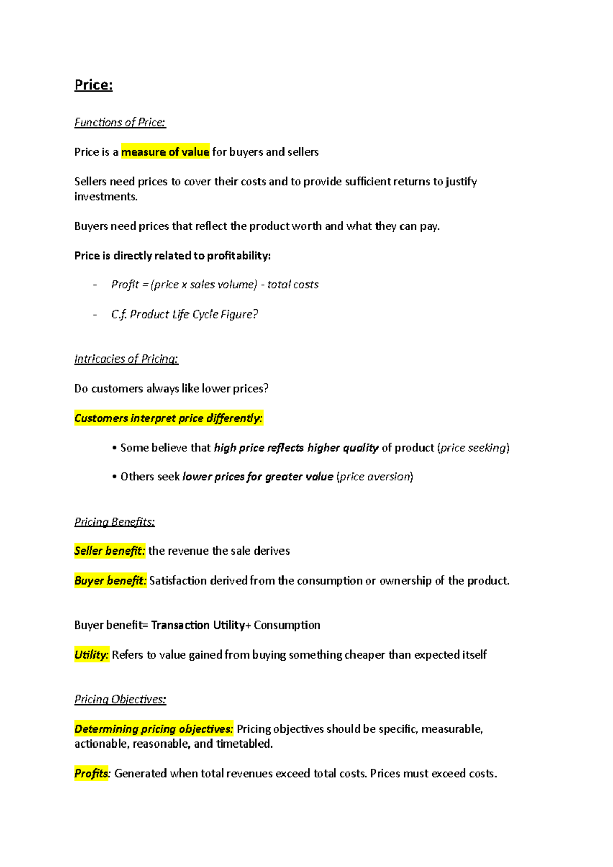 Price Notes - @good - Price: Functions of Price: Price is a measure of ...