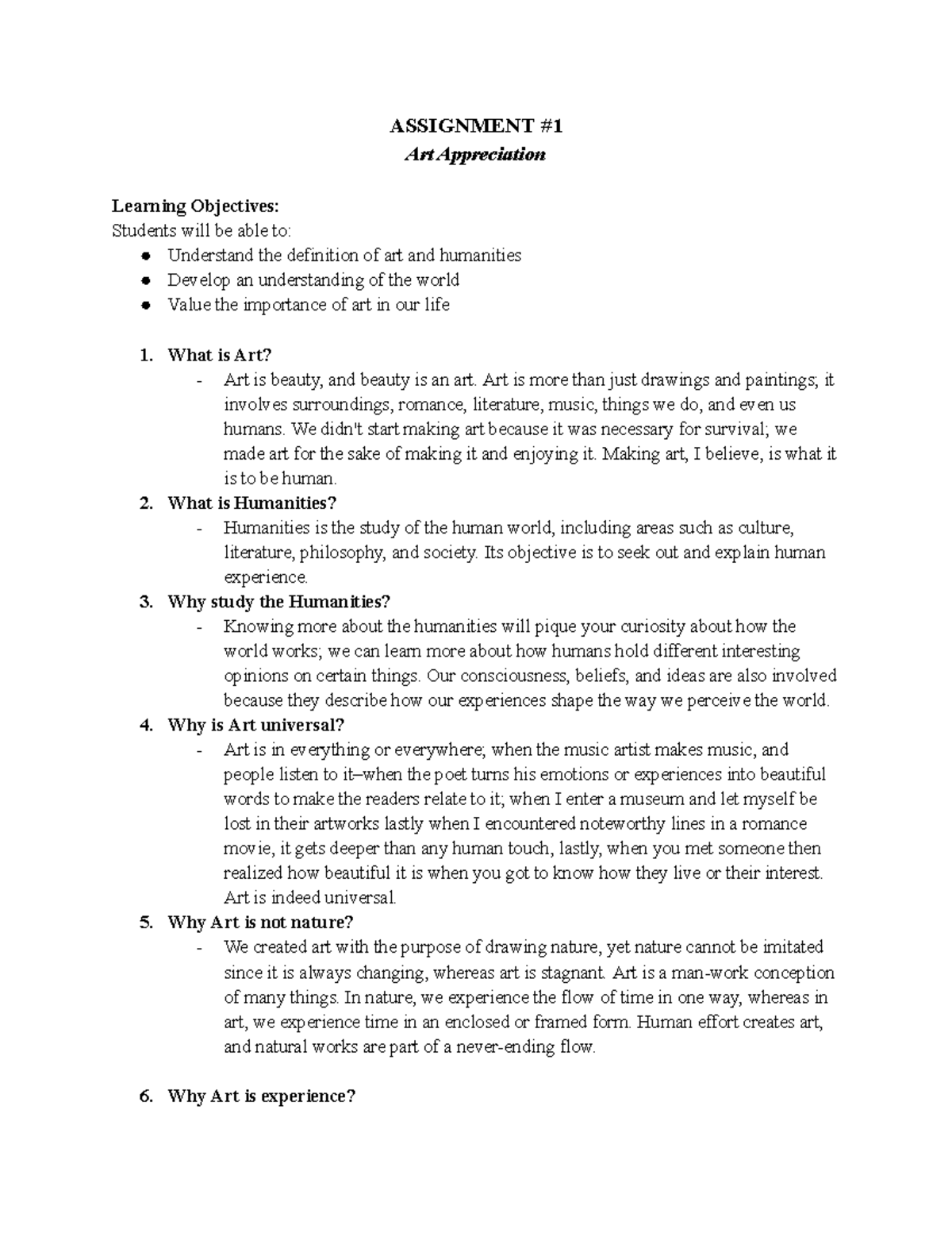 Assignment #1 - art appre - ASSIGNMENT Art Appreciation Learning ...