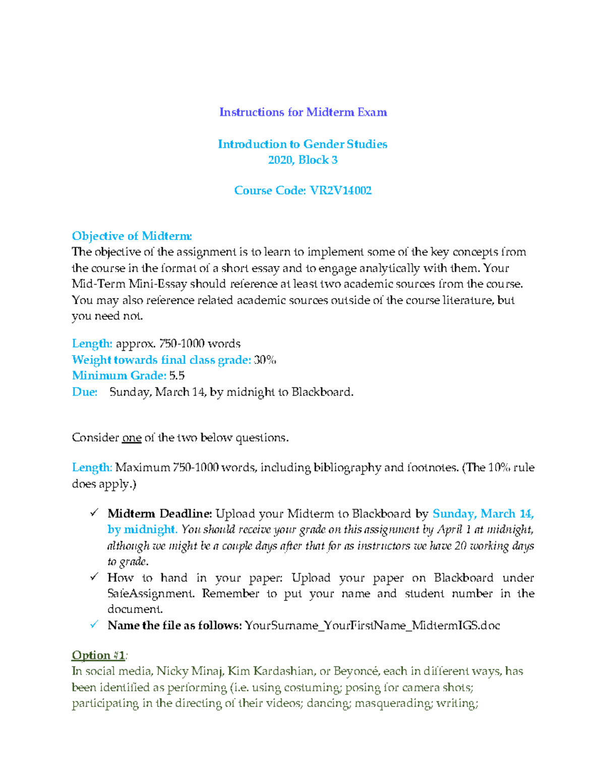 IGS 30% instructions 2 Midterm - Instructions for Midterm Exam Introduction to Gender Studies ...