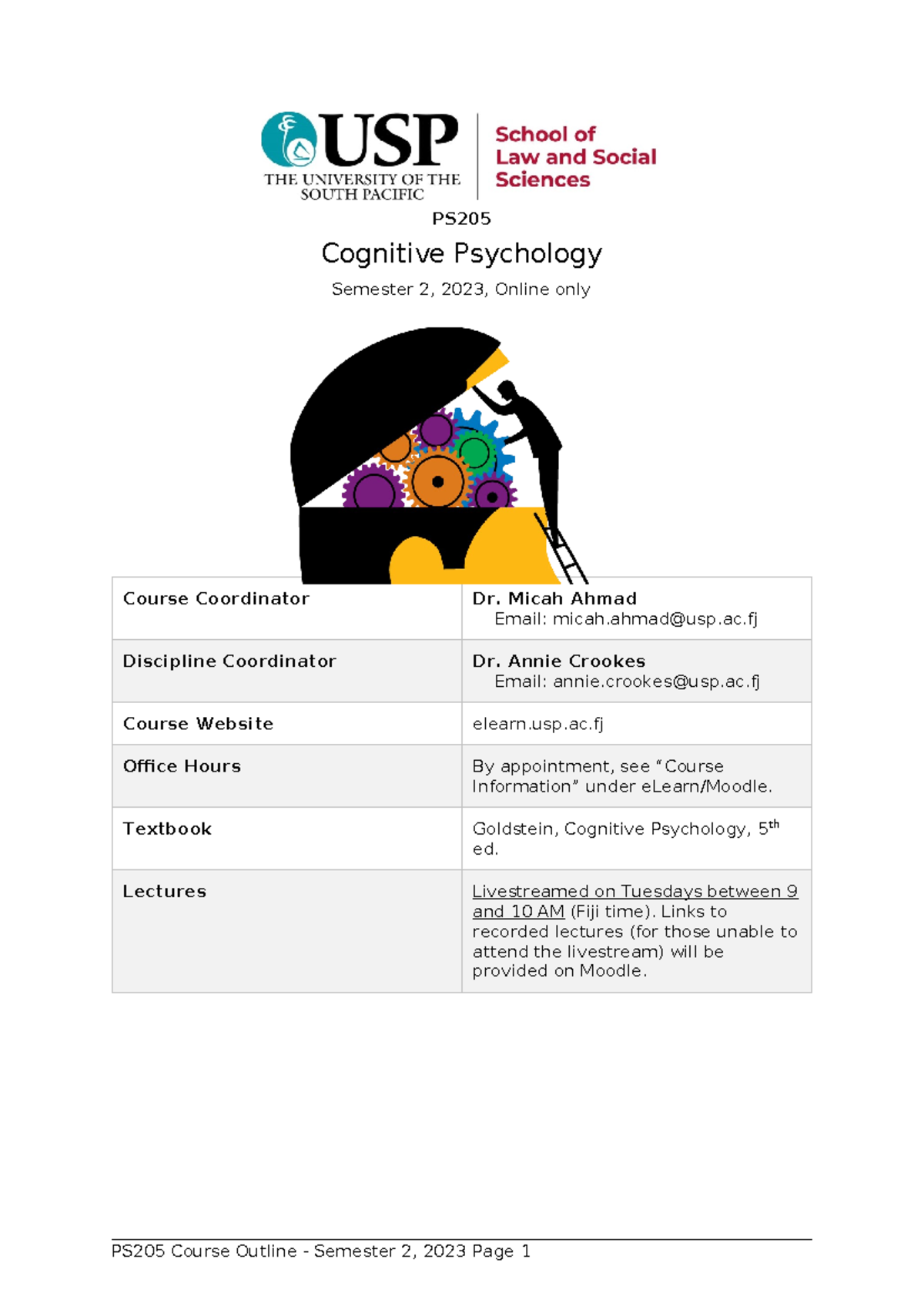 PS205 Course Outline - PS Cognitive Psychology Semester 2, 2023, Online ...