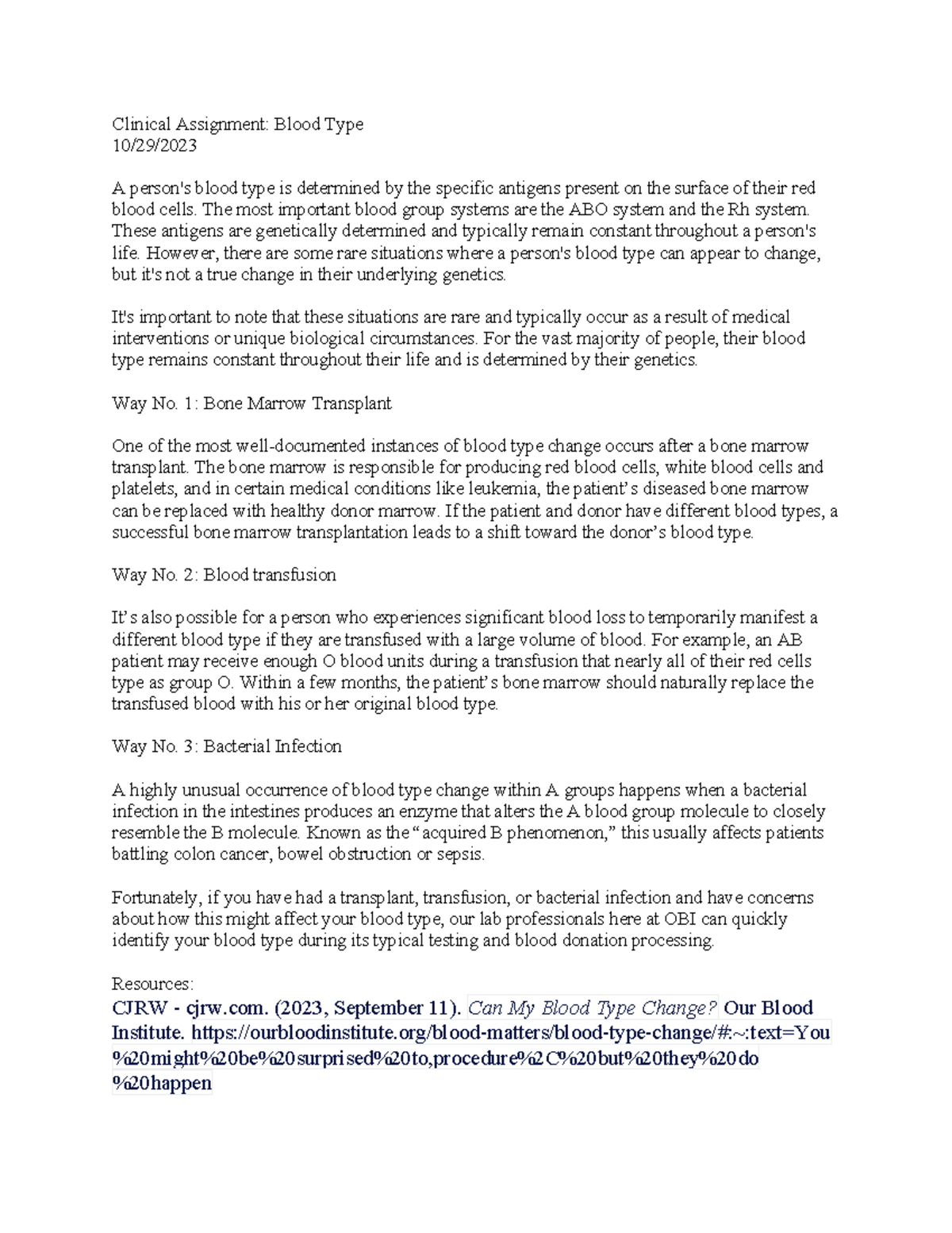 Clinical Assignment- Blood Type - Clinical Assignment: Blood Type 10/29 ...