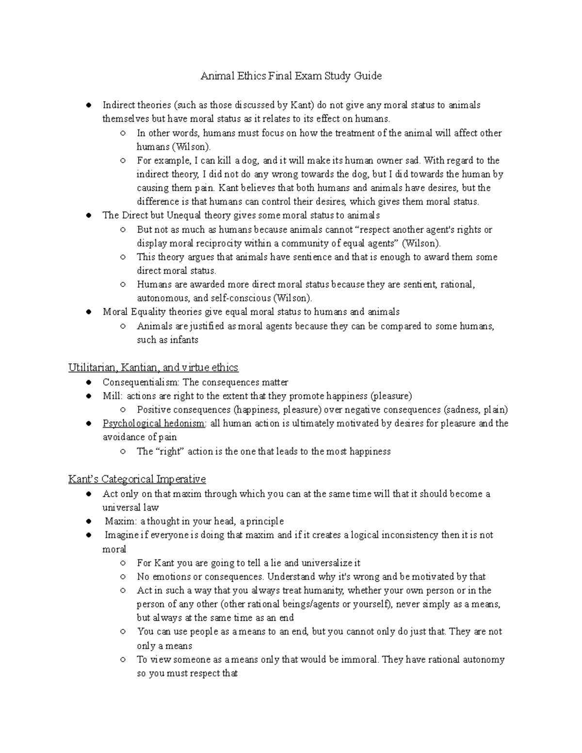 Animal Ethics Final Exam Study Guide - In other words, humans must ...