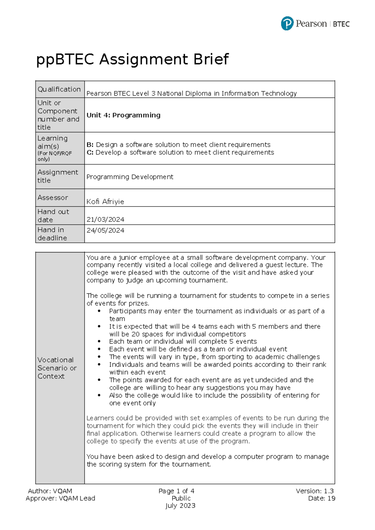 Unit 4 - BTEC - Assignment 2 Brief - ppBTEC Assignment Brief Qualification Pearson BTEC Level 3 ...