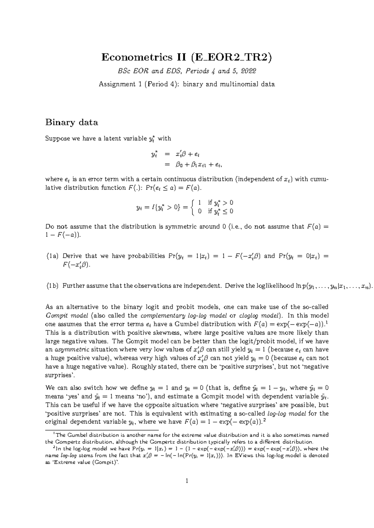 Assignment 1 - Econometrics II (E EOR2 TR2) BSc EOR and EDS, Periods 4 ...