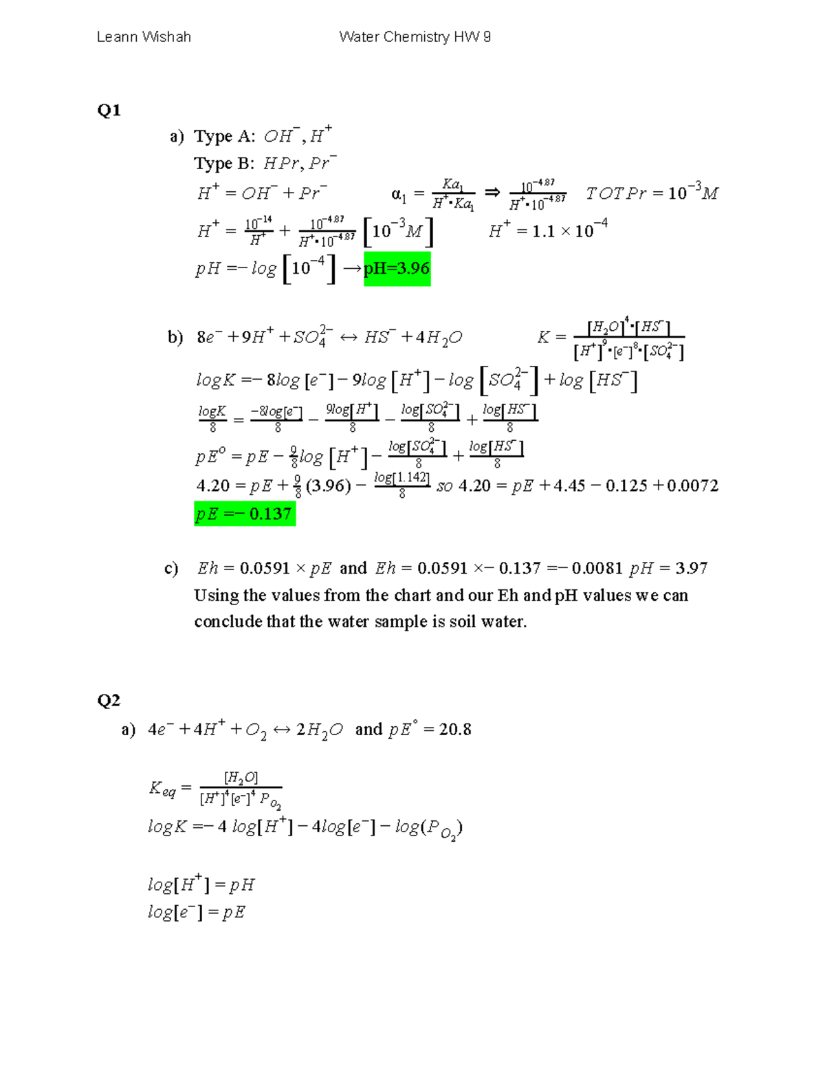 Water Chemistry Homework 9 - Leann Wishah Water Chemistry HW 9 Q1 a ...