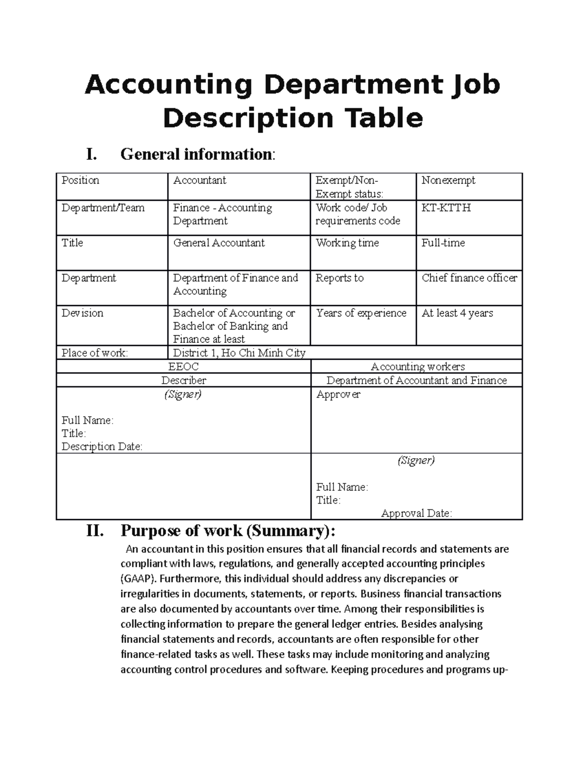 HRM Accounting Department Job Description Table - General information ...