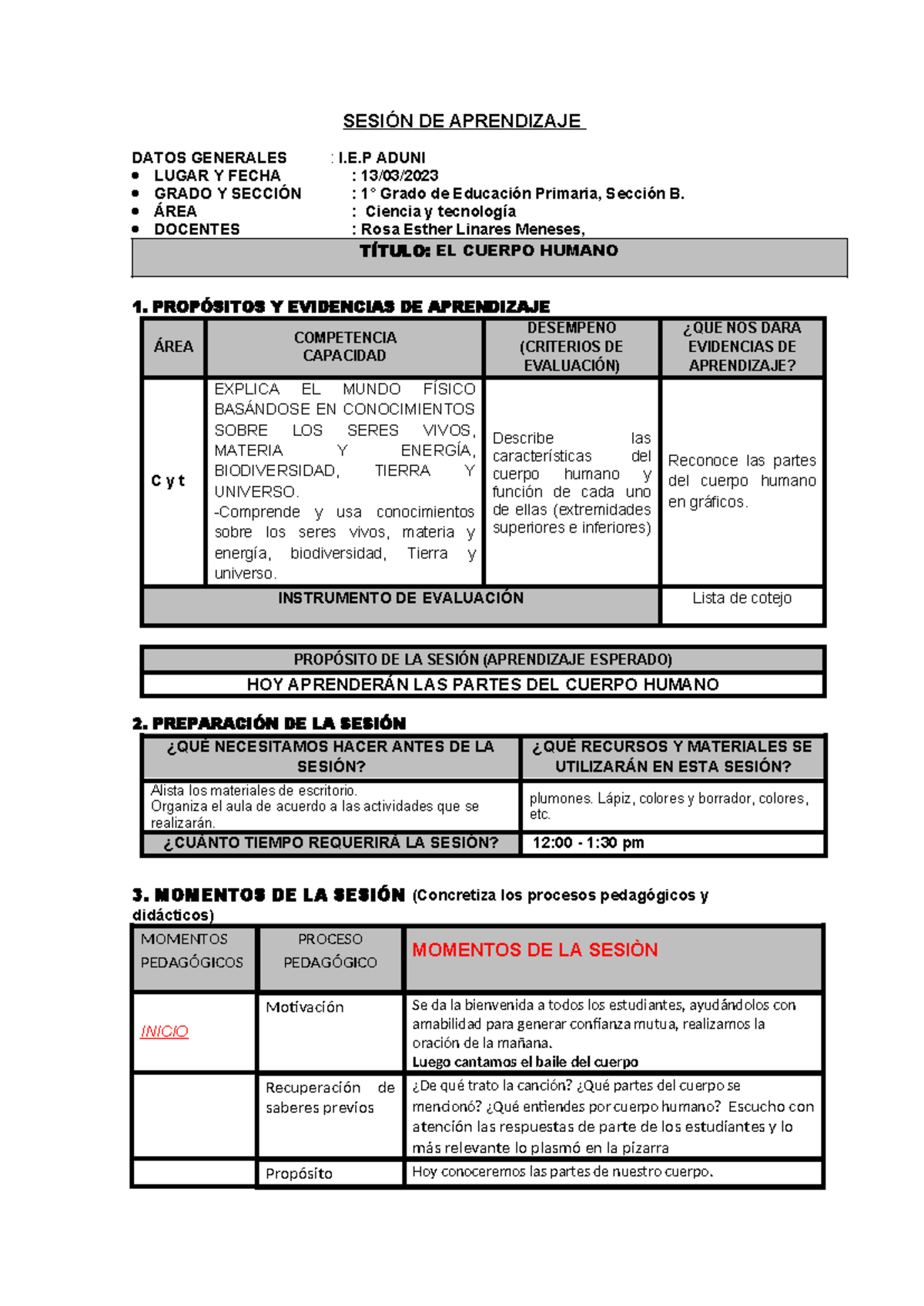Ciencia 1 - Dbbdb - SESIÓN DE APRENDIZAJE DATOS GENERALES : I.E ADUNI ...