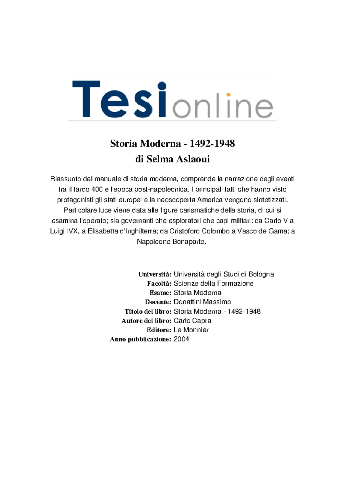 Appunto-305 - Riassunto fatto bene del libro di Carlo Capra. - Storia ...